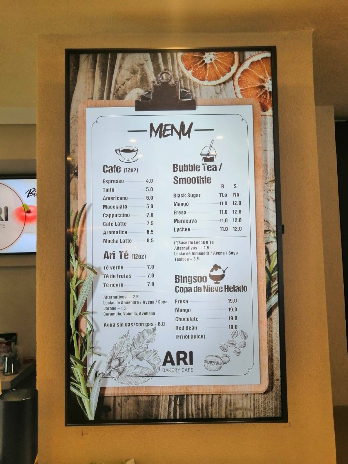 Menu at ARI Bakery, Bogotá