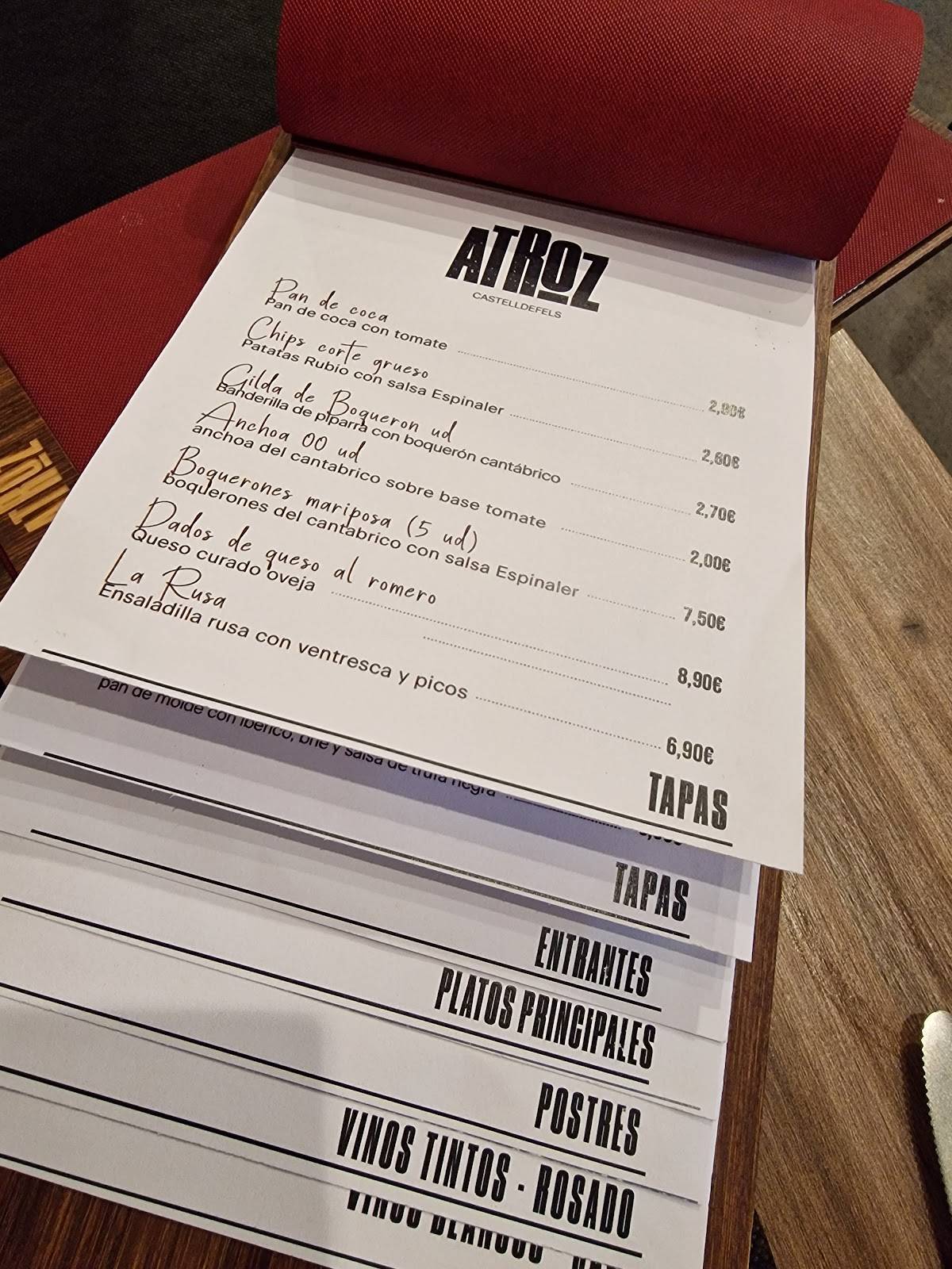 Carta del restaurante ATROZ CASTELLDEFELS, Casteldefels