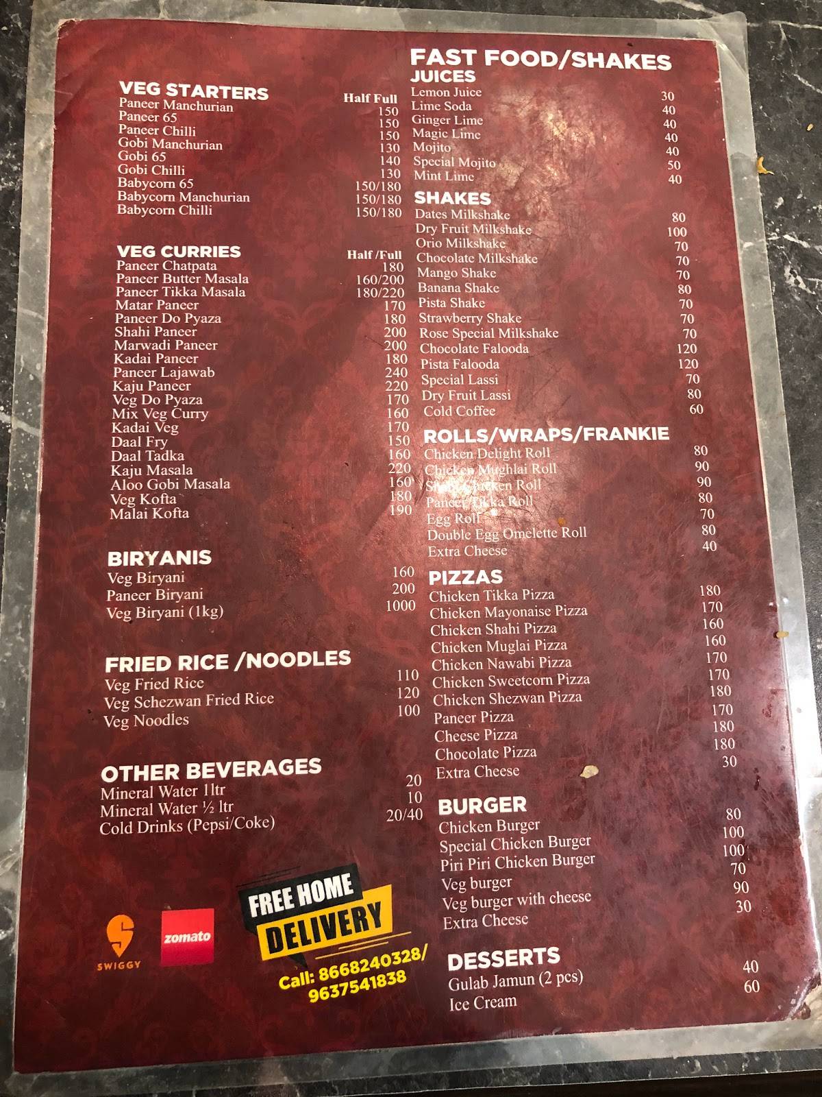 Menu at Aadab Biryani, Panaji