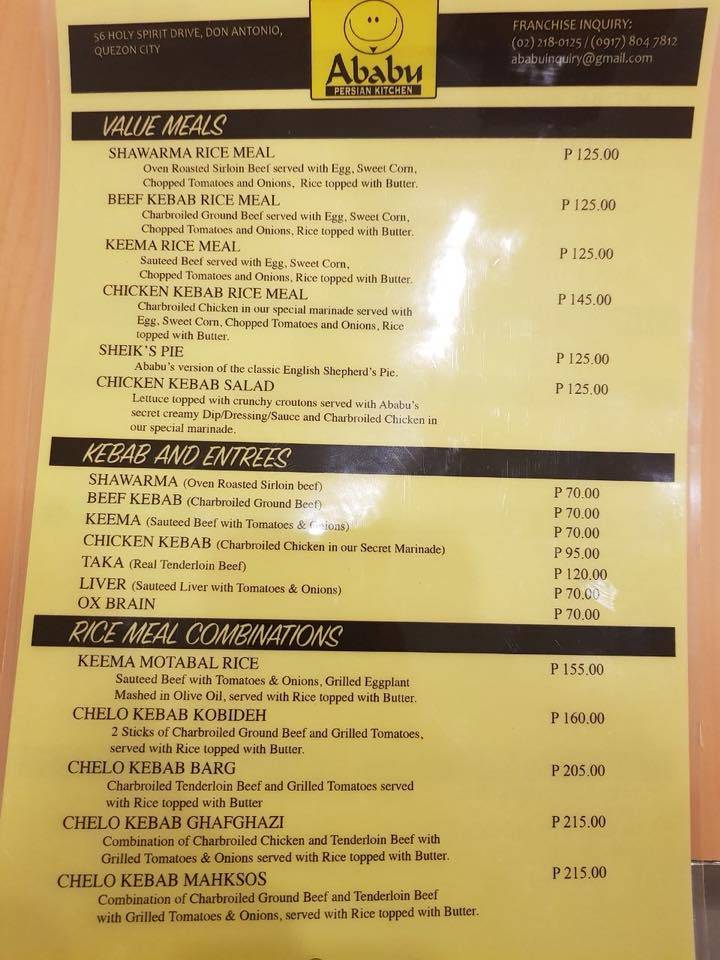 Menu at Ababu Persian Kitchen restaurant, Quezon City, Don Antonio