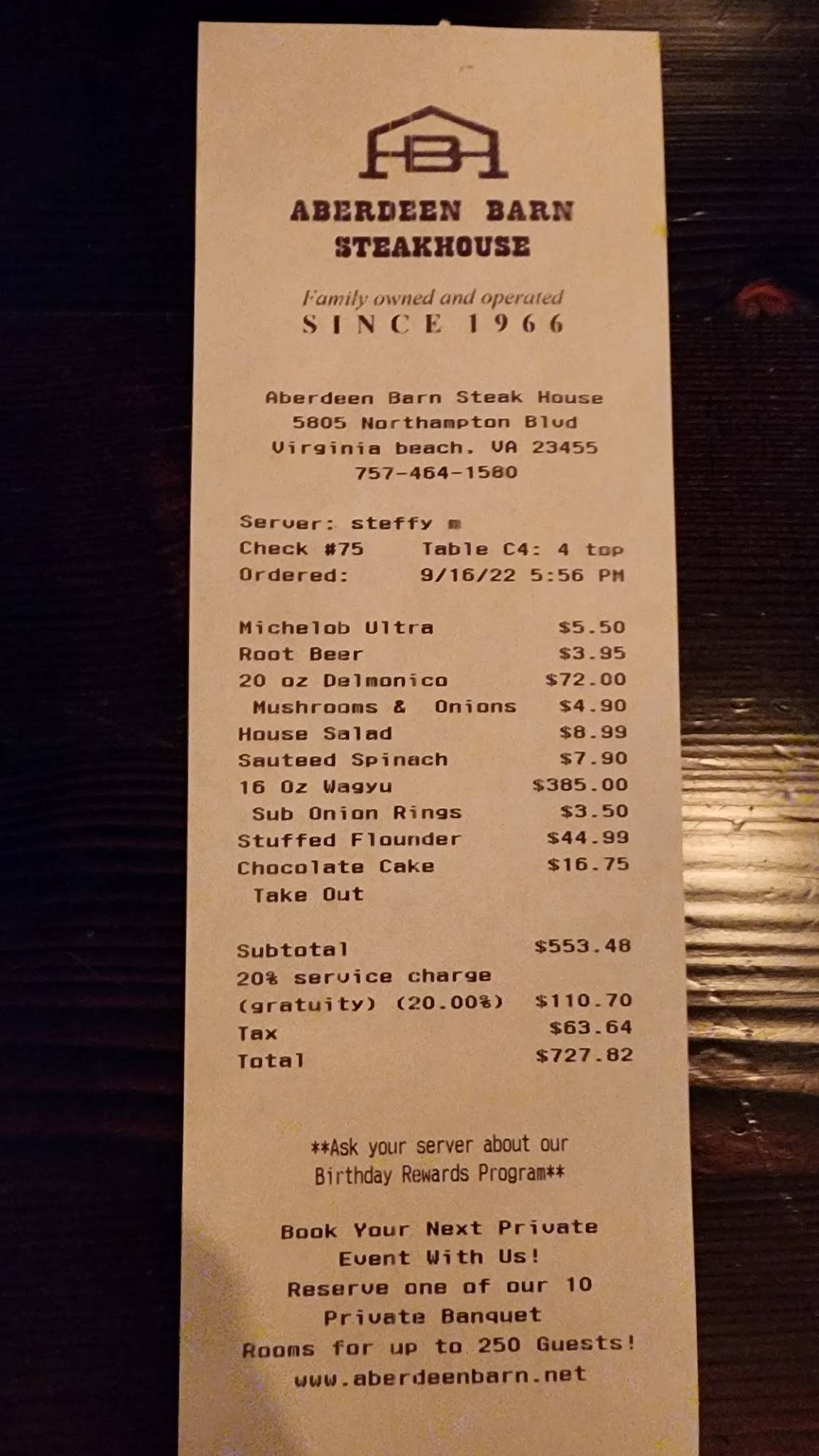 Menu at Aberdeen Barn Steakhouse, Virginia Beach