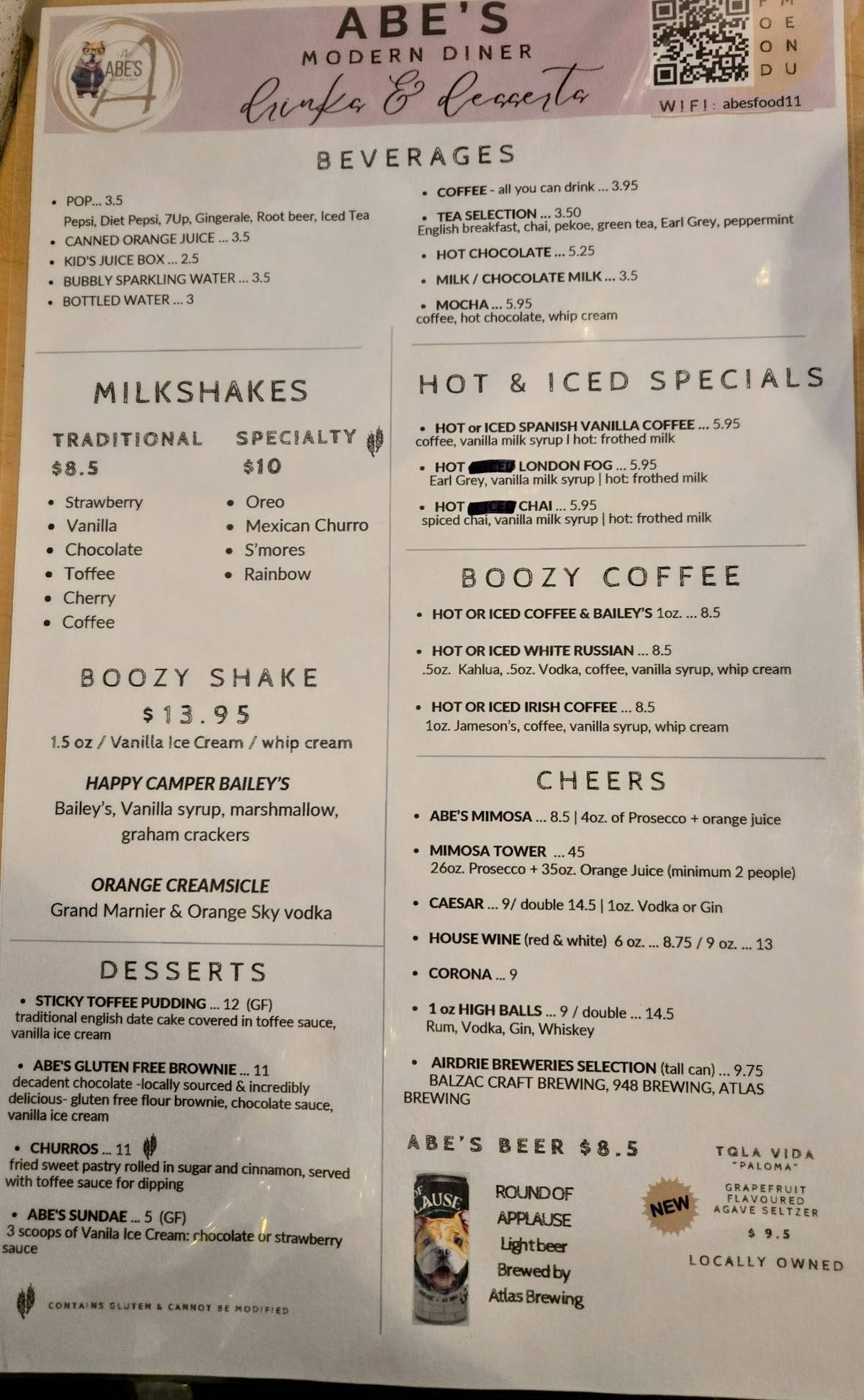 Menu at Abe's Diner restaurant, Airdrie