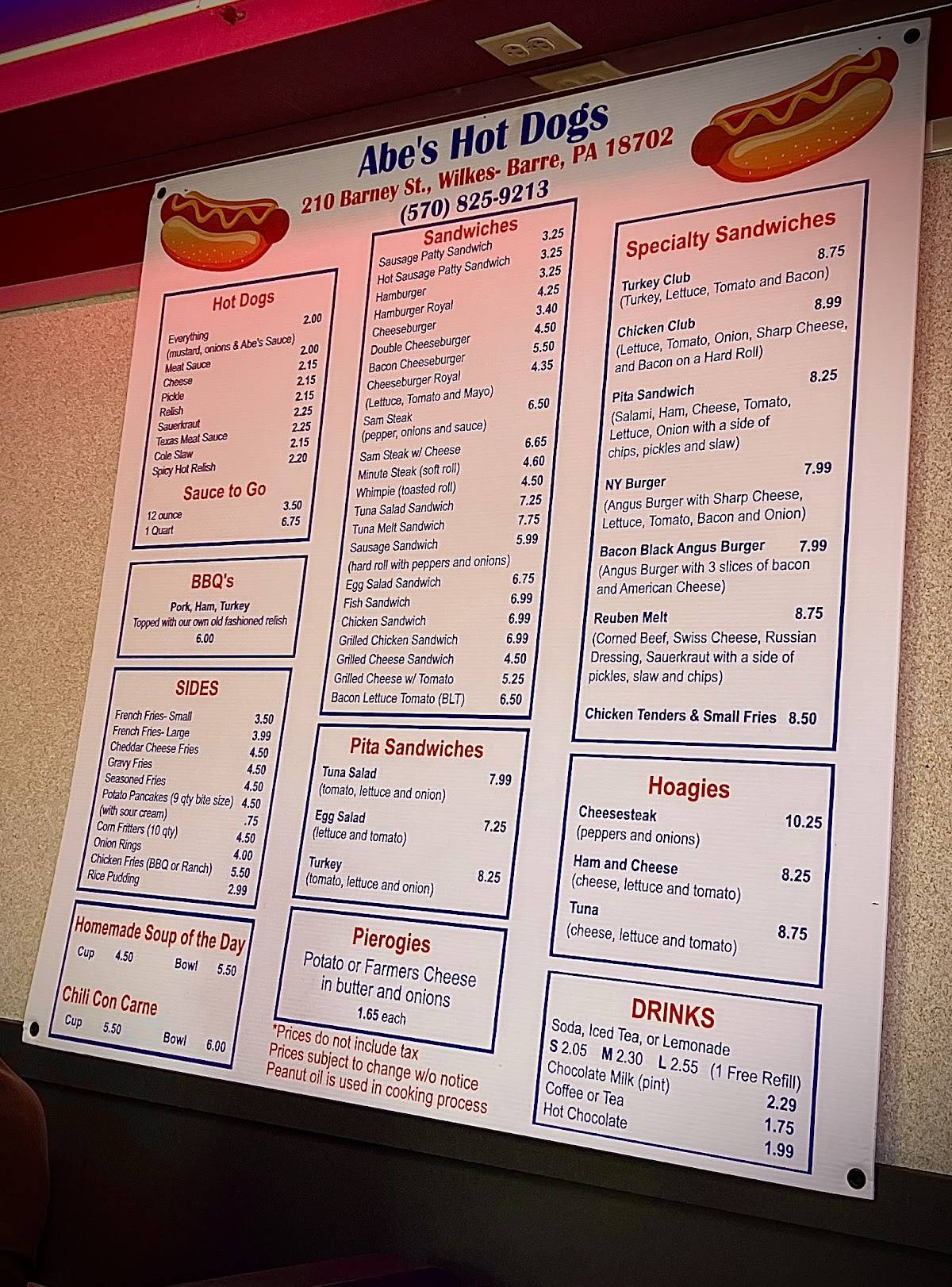 Menu at Abe's Hot Dogs restaurant, Wilkes-Barre, 210 Barney St