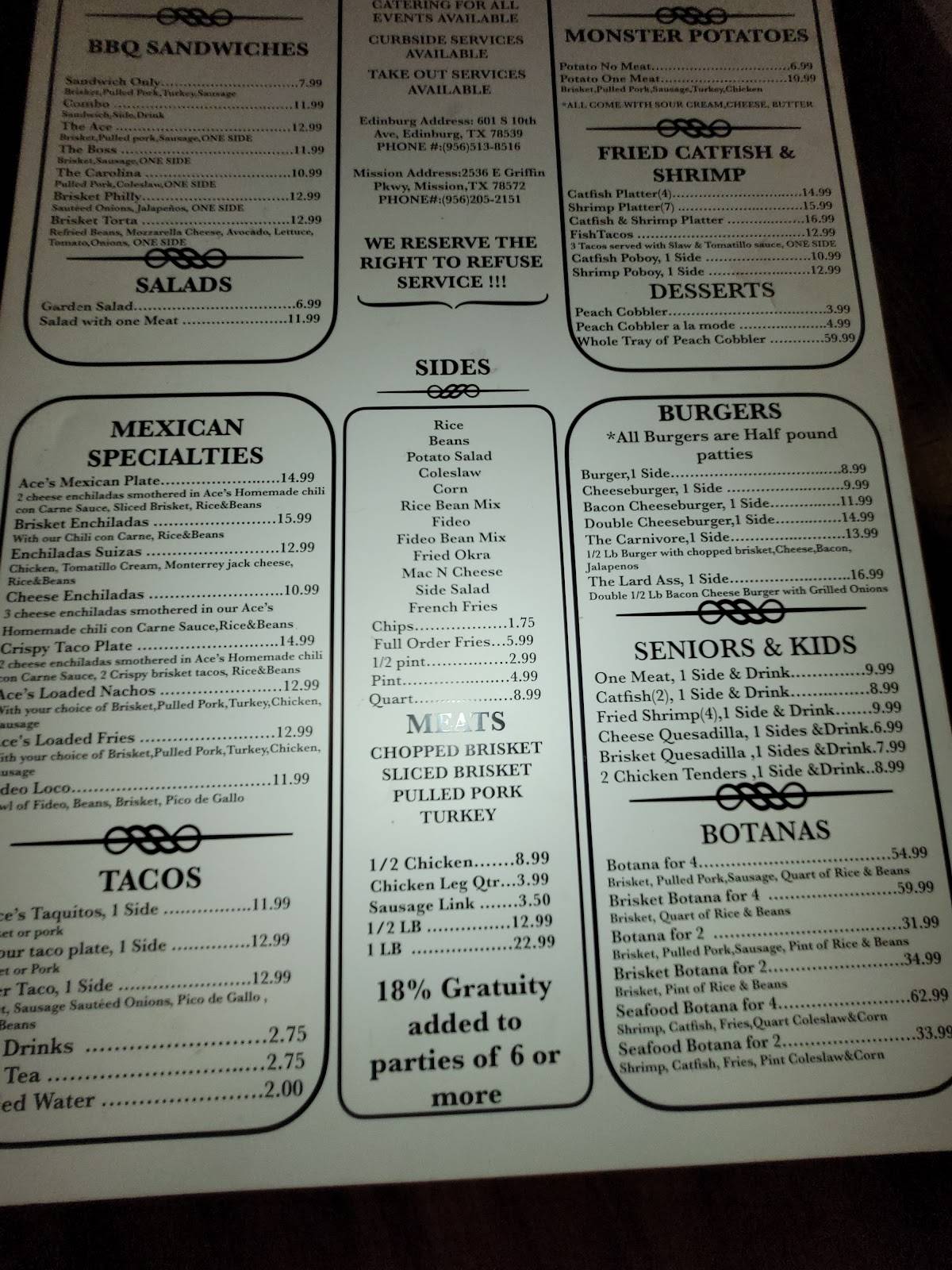 Menu at Ace's BBQ Edinburg, Edinburg, 601 S 10th Ave