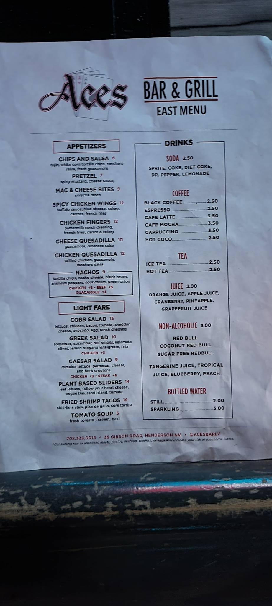 Menu at Aces Bar & Grill (East), Henderson, 35 S Gibson Rd
