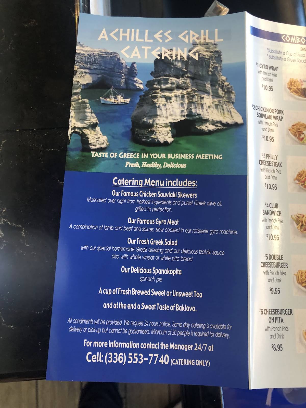 Menu at Achilles Grill restaurant, Greensboro, Battleground Ave