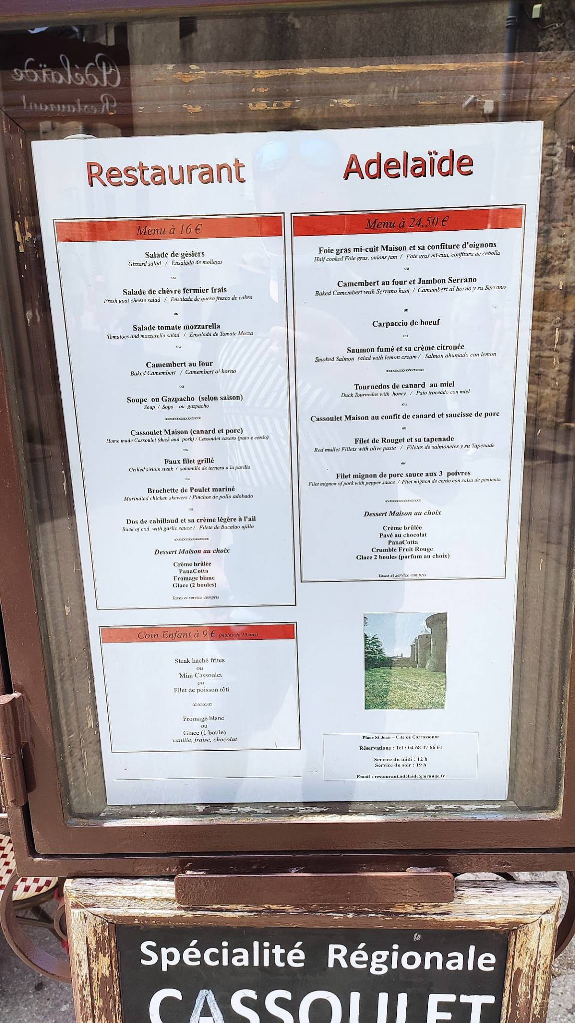 Menu at Adélaïde restaurant, Carcassonne