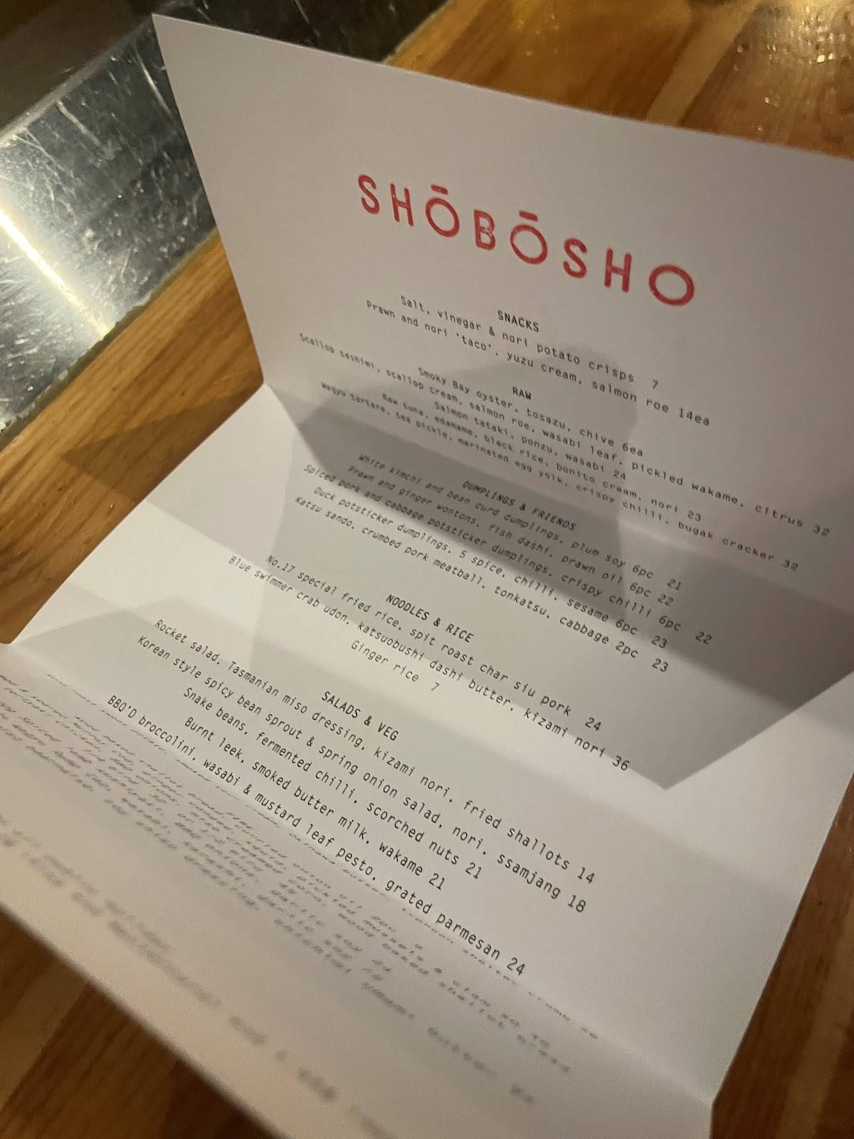 Menu at Shobosho restaurant, Adelaide