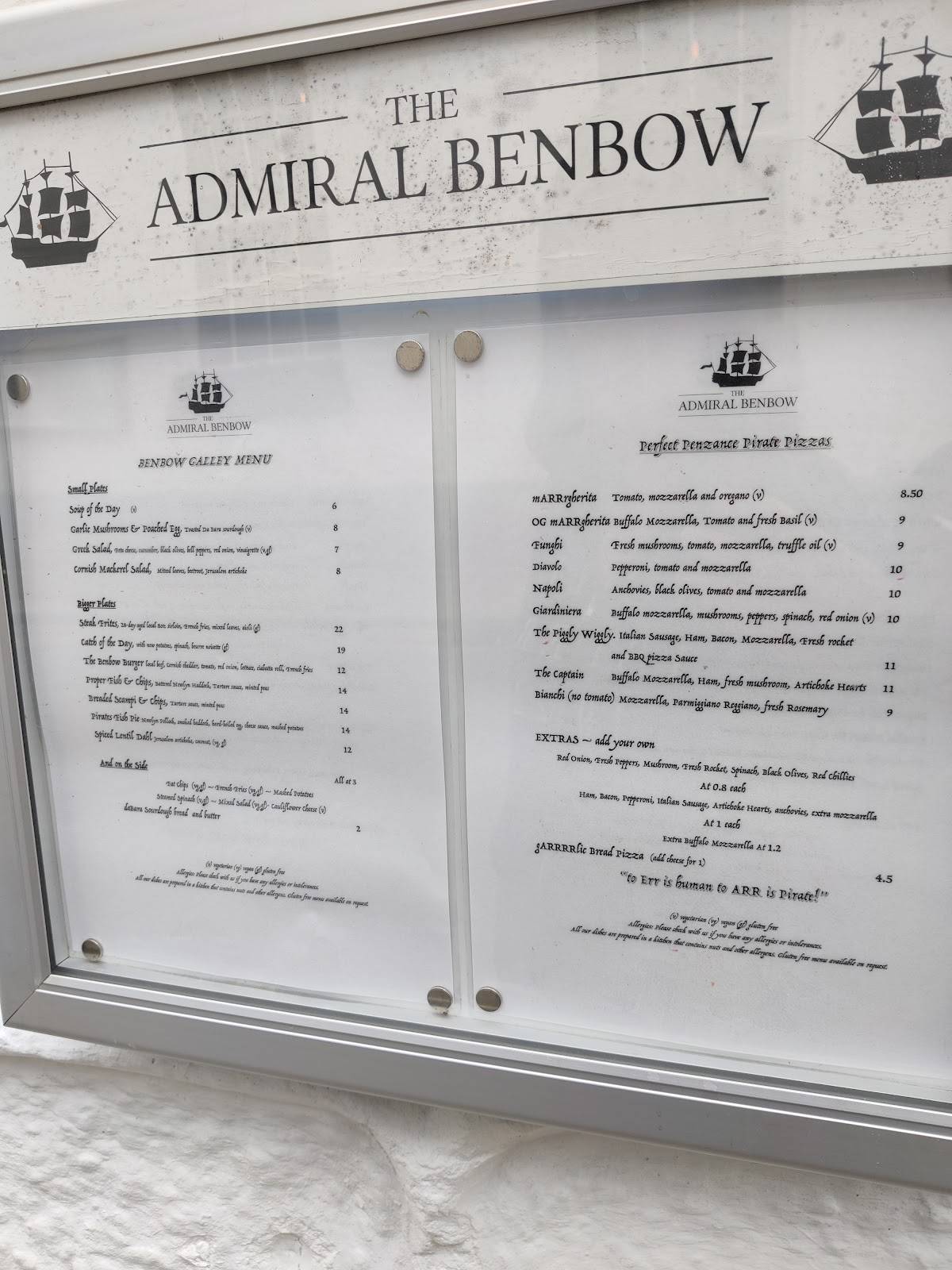 Menu at Admiral Benbow pub & bar, Penzance