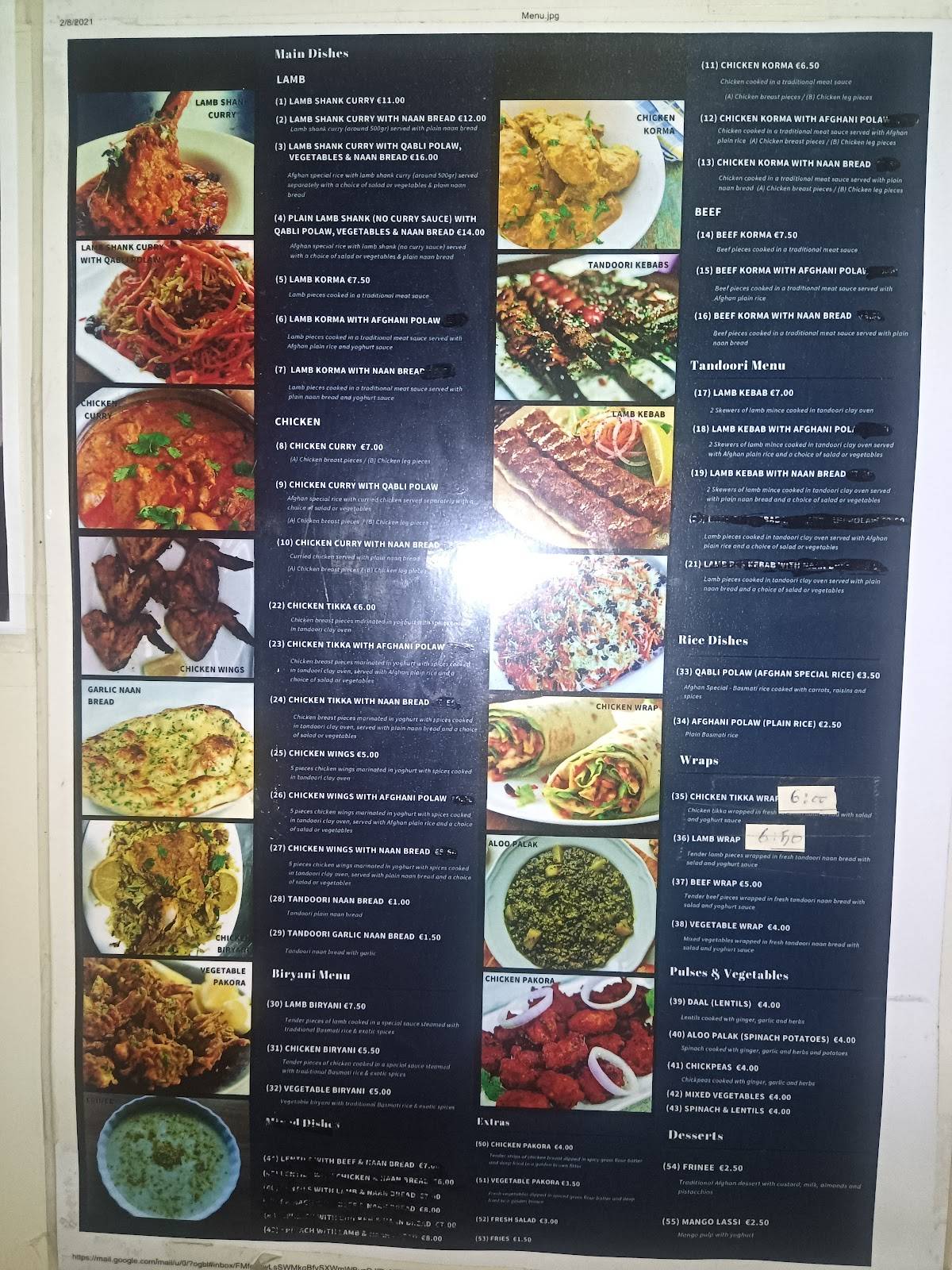 Menu at Afghan Natural restaurant, Hamrun