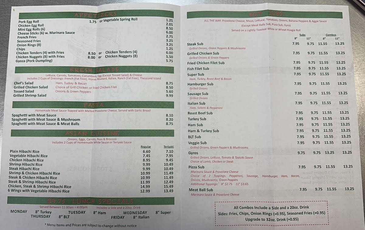 Menu at Aggie's Hot Subs restaurant, Wilson