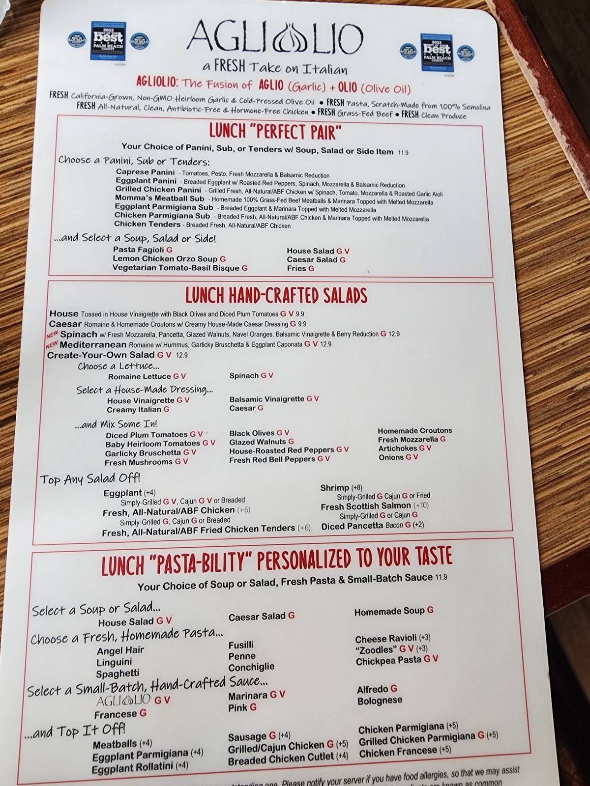 Menu at Agliolio ~ a FRESH Take on Italian pub & bar, Boynton Beach