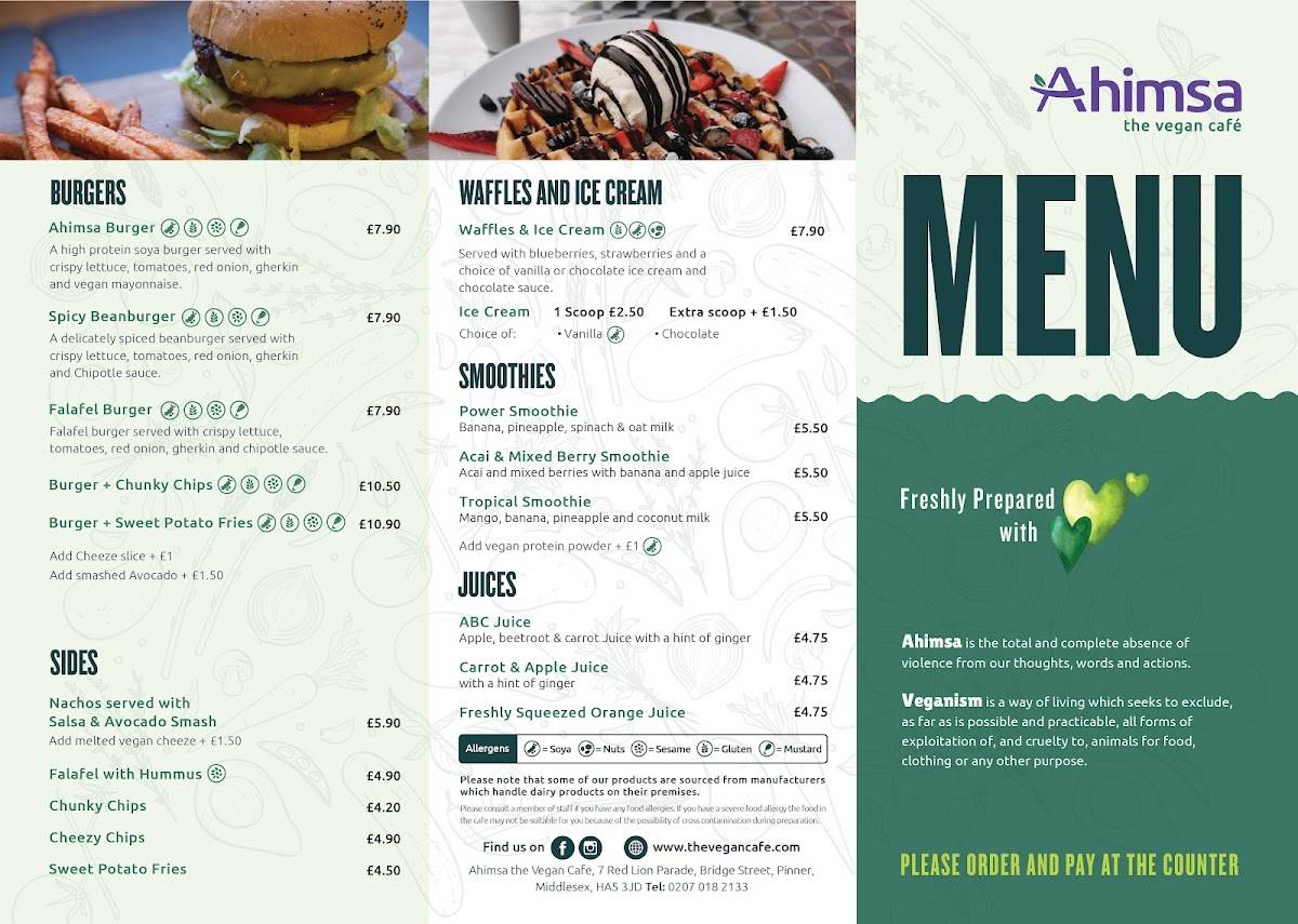 Menu at Ahimsa Cafe, The Kindness Kitchen, Pinner