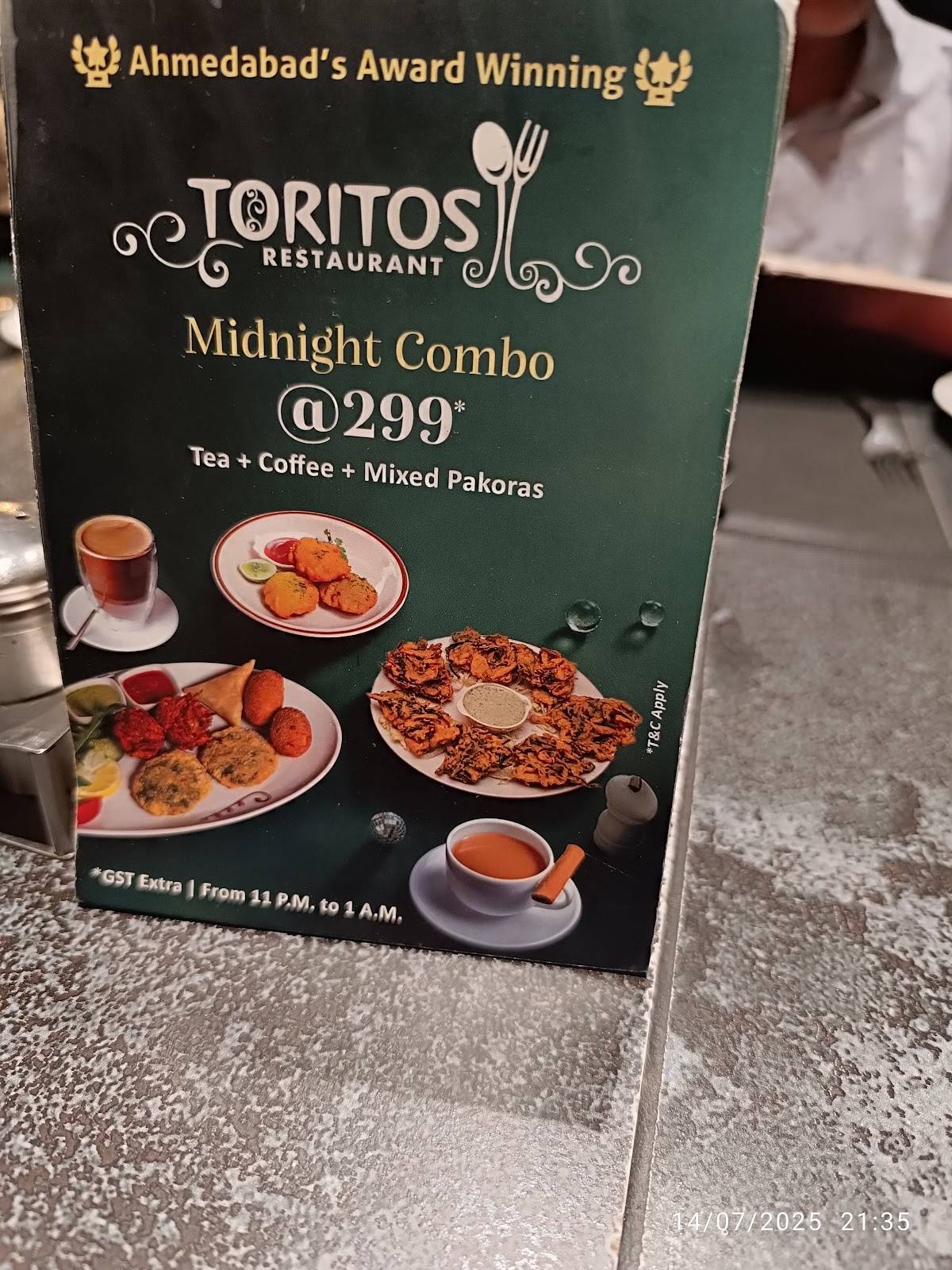 Menu at TORITOS Restaurant - SBR, Ahmedabad, Hotel Taj Lane