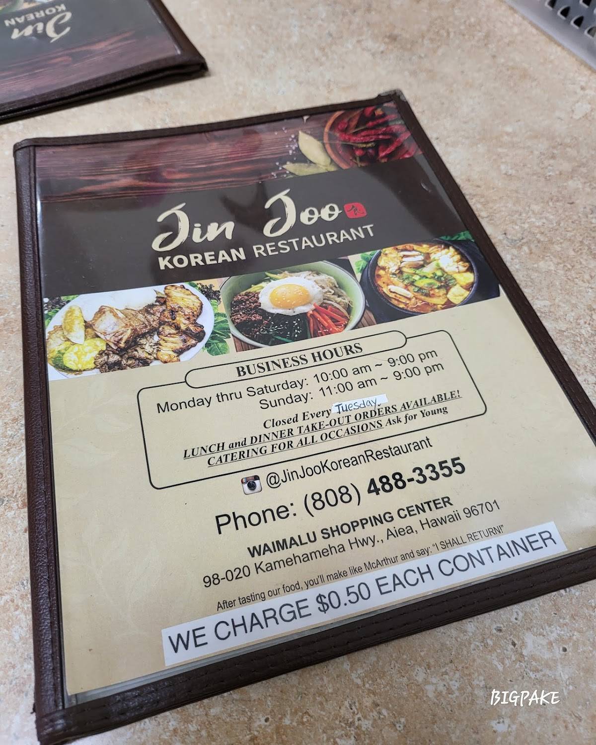 Menu at Jin Joo Korean Restaurant, Aiea