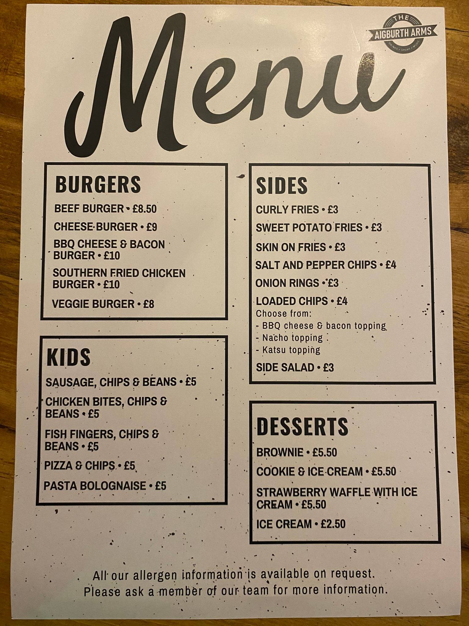 Menu at Aigburth Arms pub & bar, Liverpool