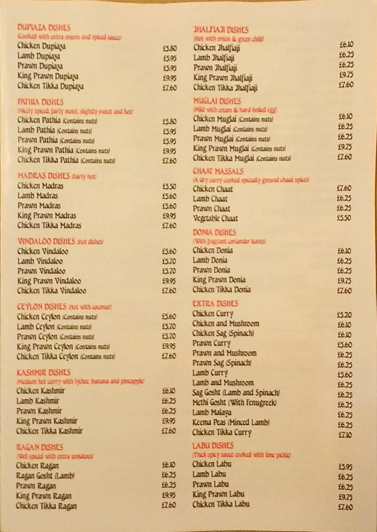 Menu at Akbar Tandoori, Eaton Socon
