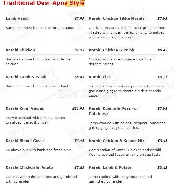Menu at Akbar's Restaurant, Manchester