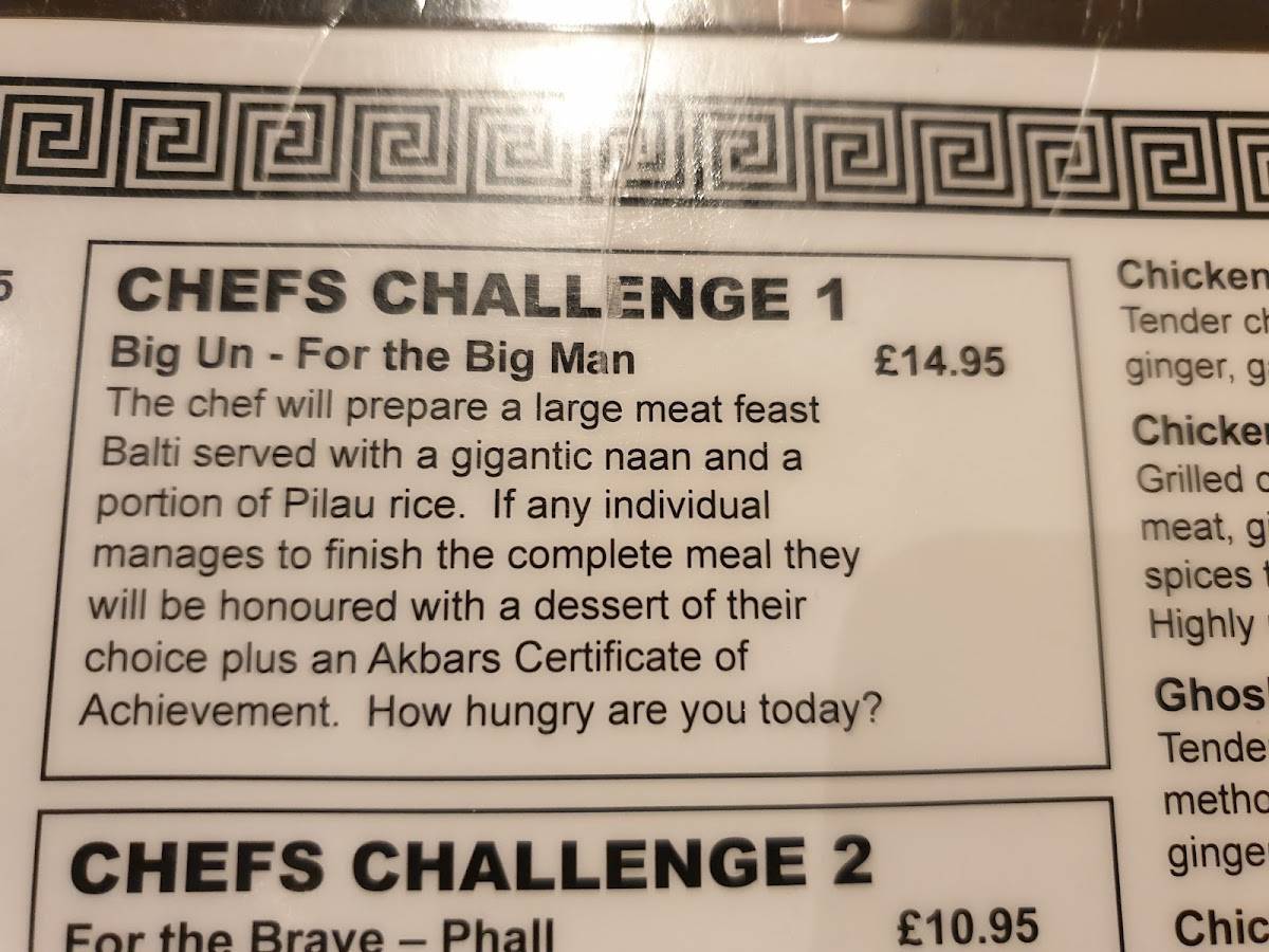 Menu at Akbar's Restaurant, Manchester