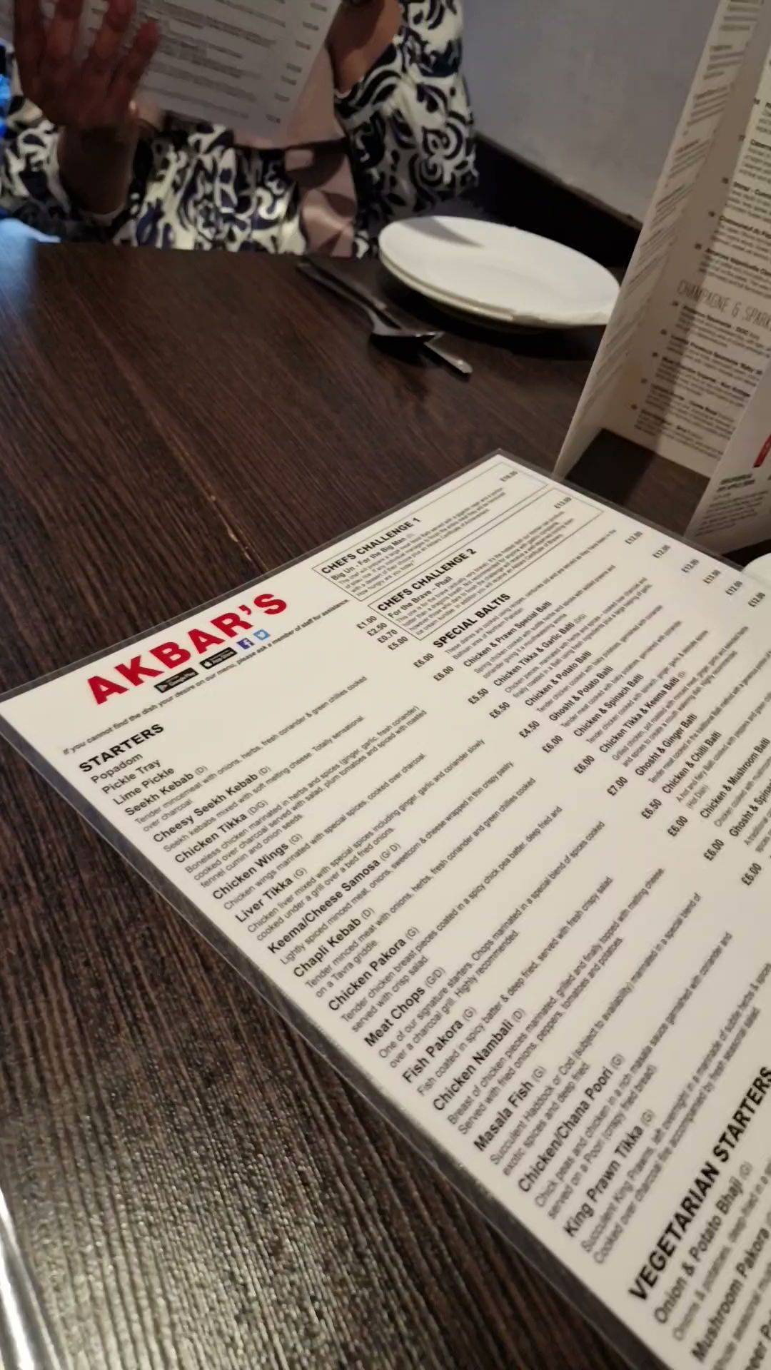 Menu at Akbar's Restaurant, Manchester