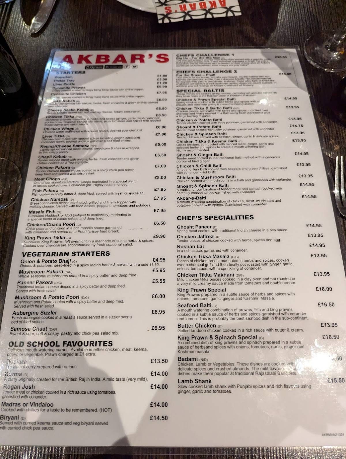 Menu at Akbar's Restaurant, Manchester