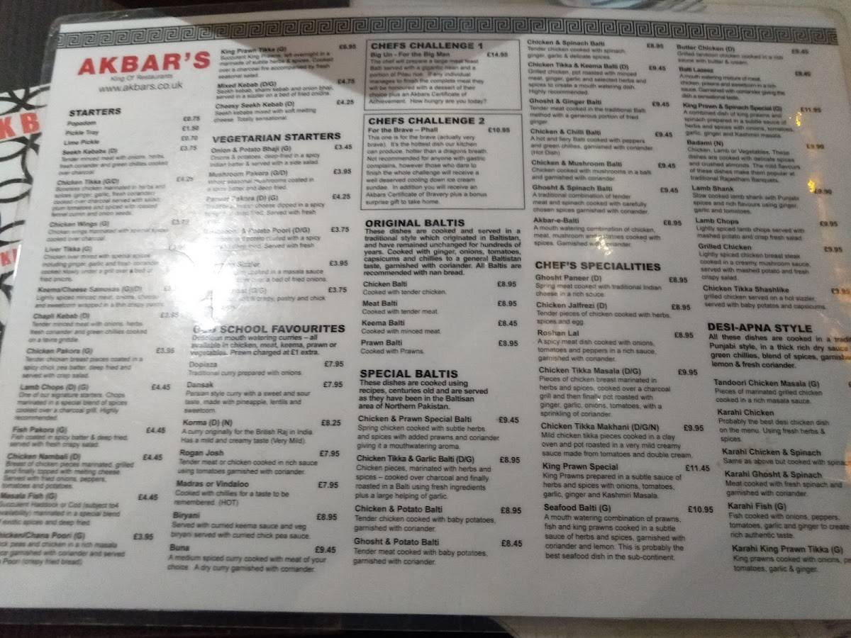 Menu at Akbar's Restaurant, Manchester