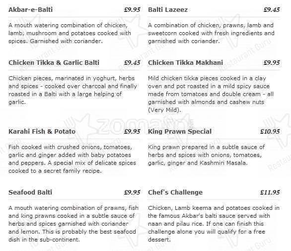 Menu at Akbar's Restaurant, Manchester