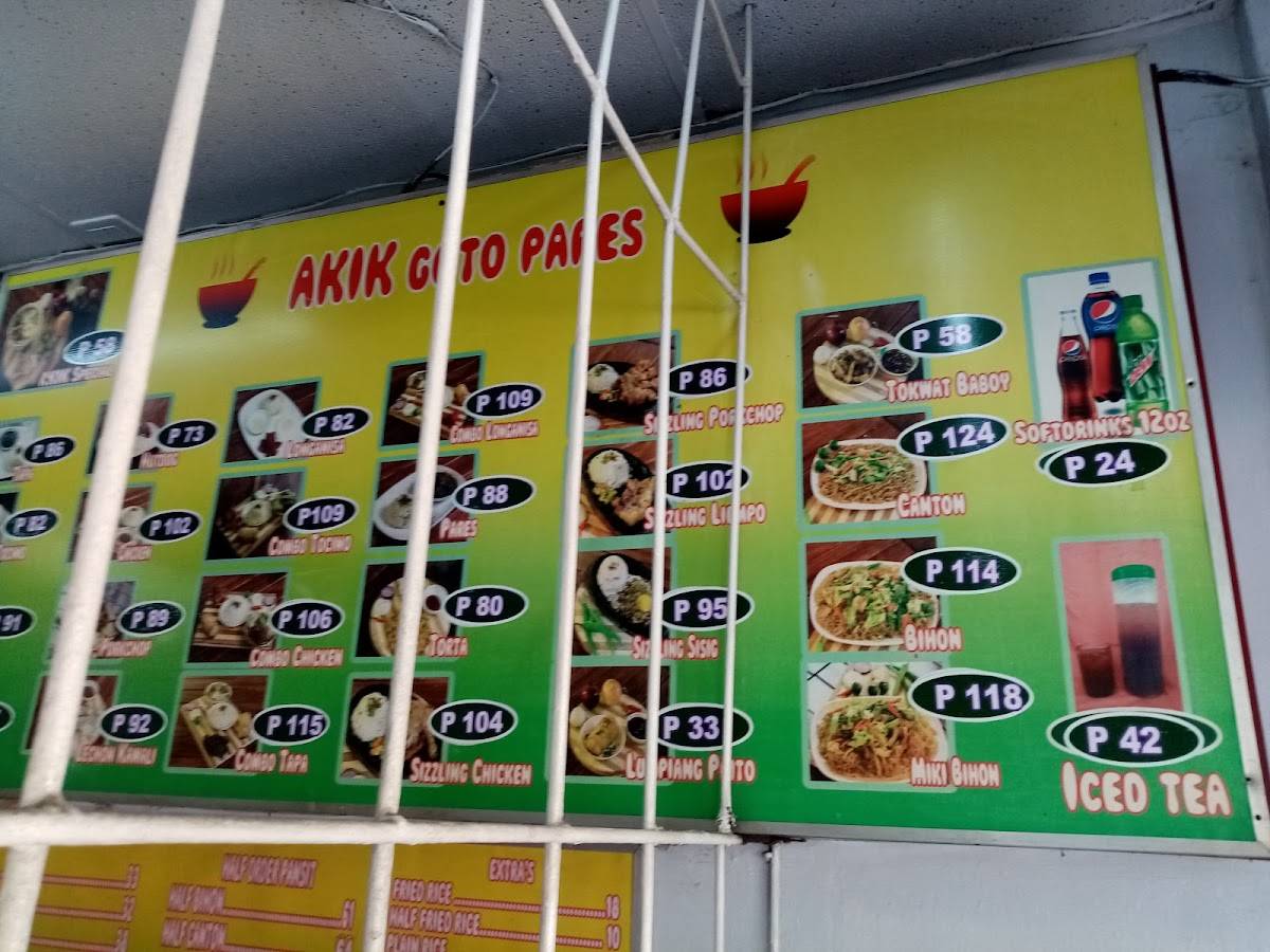 Menu at Akik Goto Pares restaurant, Manila