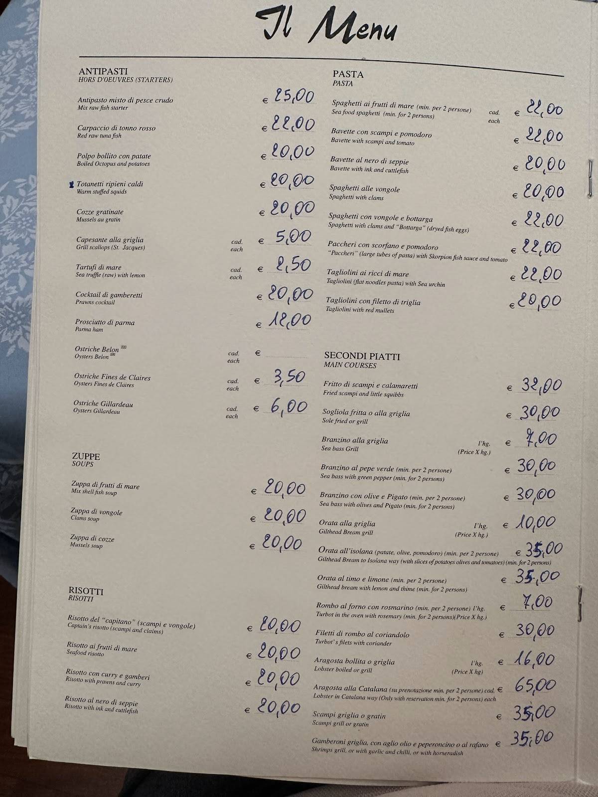 Menu da Al Porto ristorante, Milano