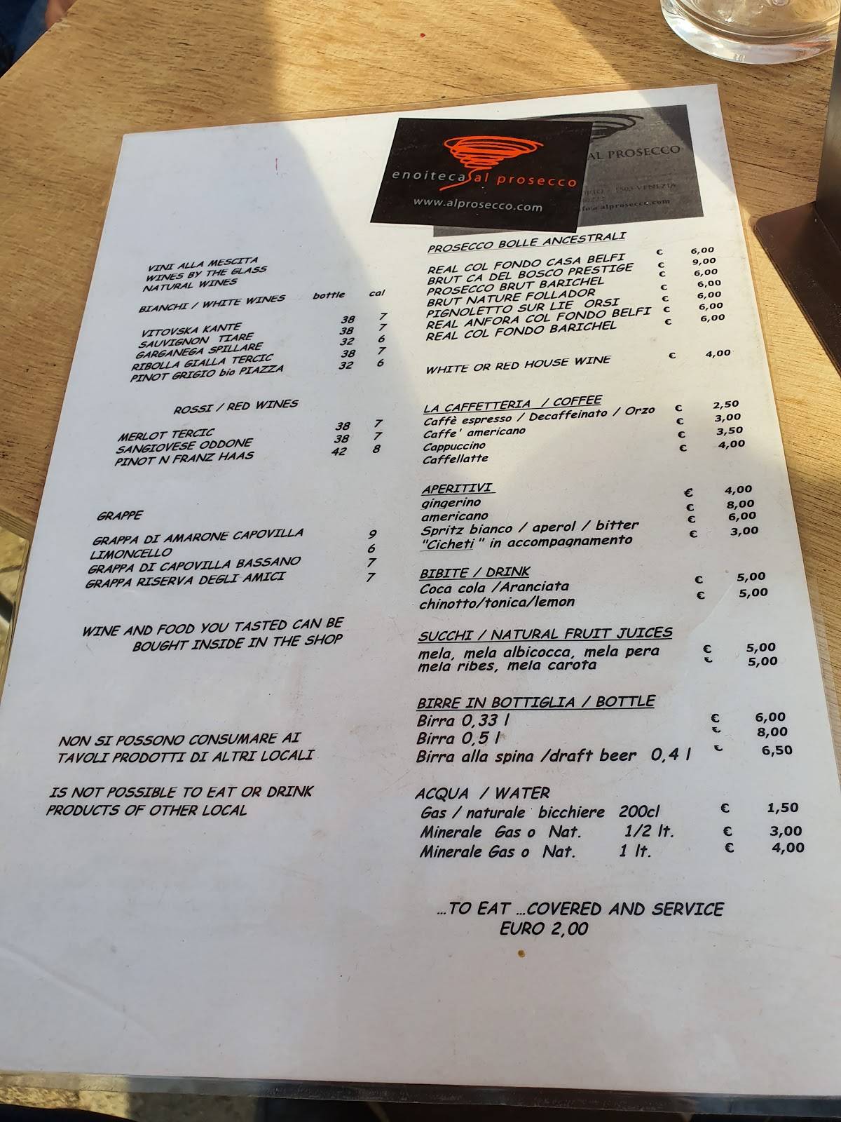 Menu at Al Prosecco pub & bar, Venice