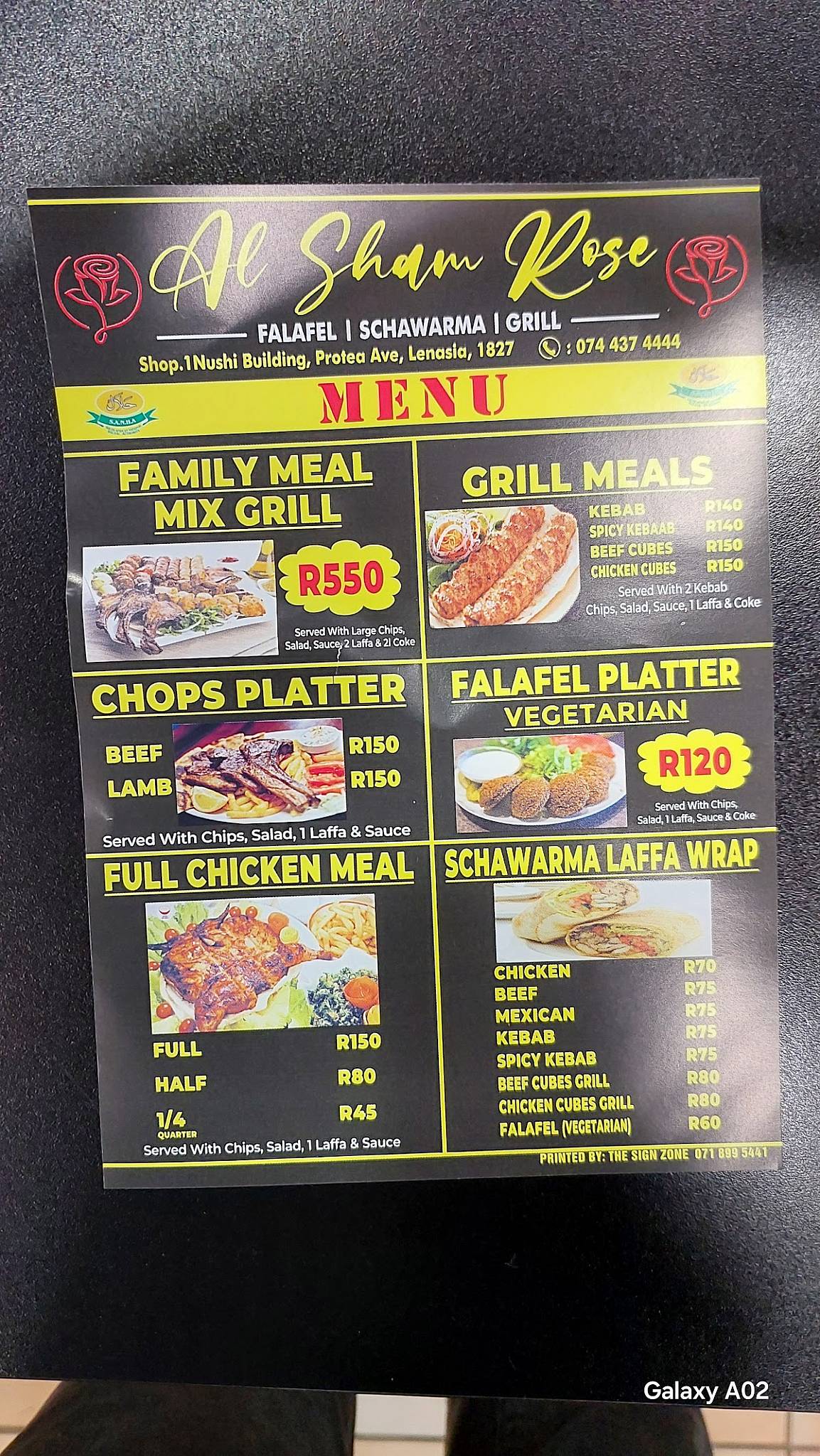 Menu at Al Sham Rose restaurant, Lenasia