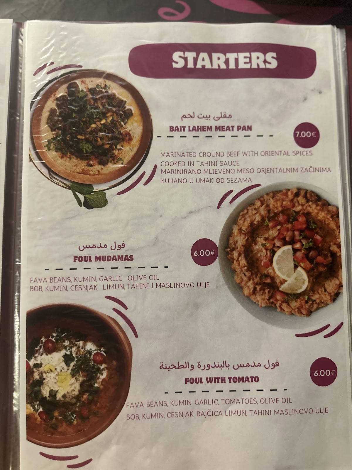 Menu at Aladdin cave Arabic restaurant, Zagreb