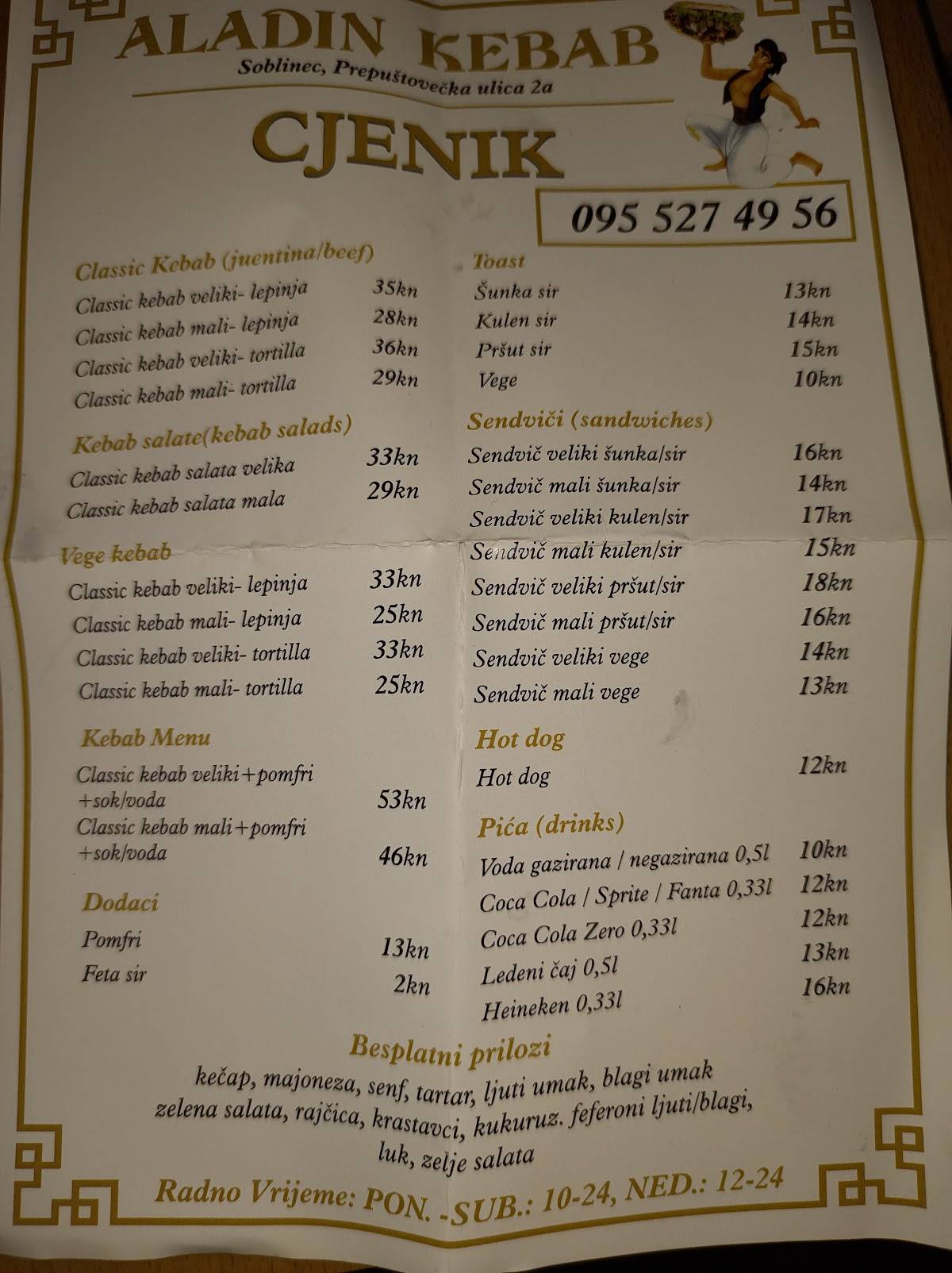 Menu at Aladin Kebab, Soblinec