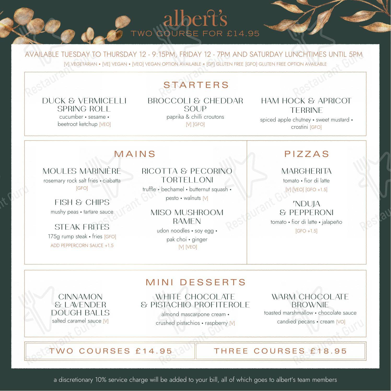 Menu at Albert's Standish restaurant, Wigan