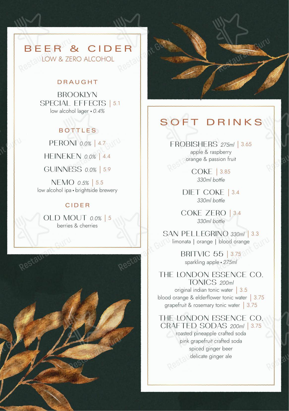 Menu at Albert's Standish restaurant, Wigan