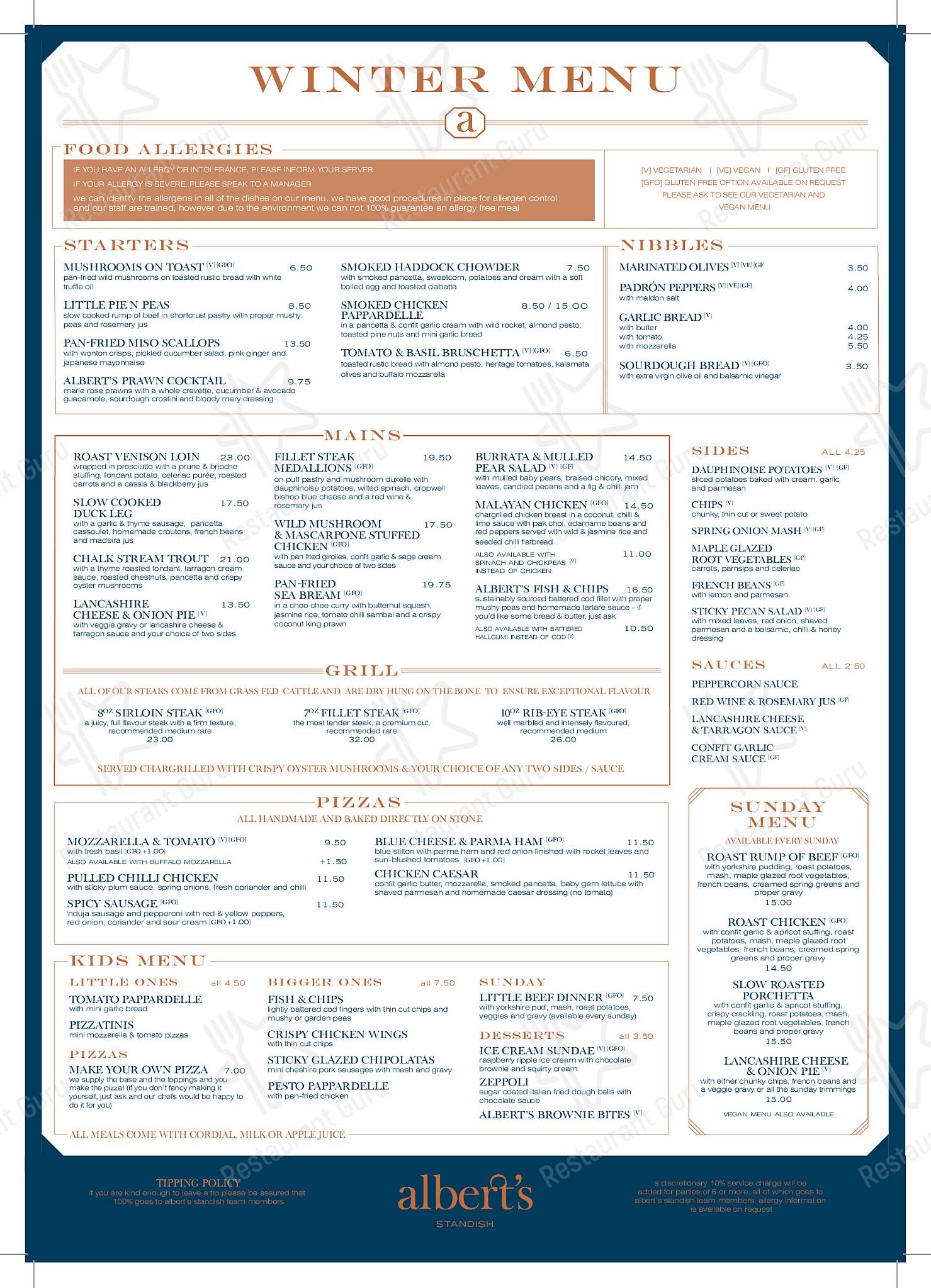 Menu at Albert's Standish restaurant, Wigan