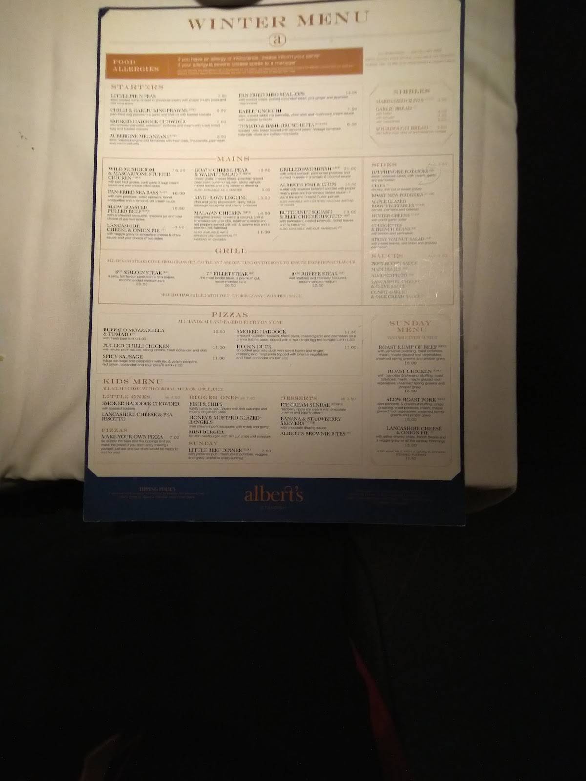 Menu at Albert's Standish restaurant, Wigan