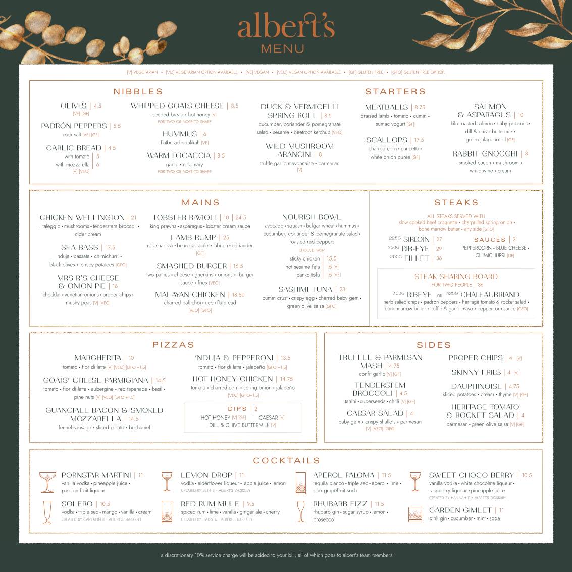 Menu at Albert's Standish restaurant, Wigan