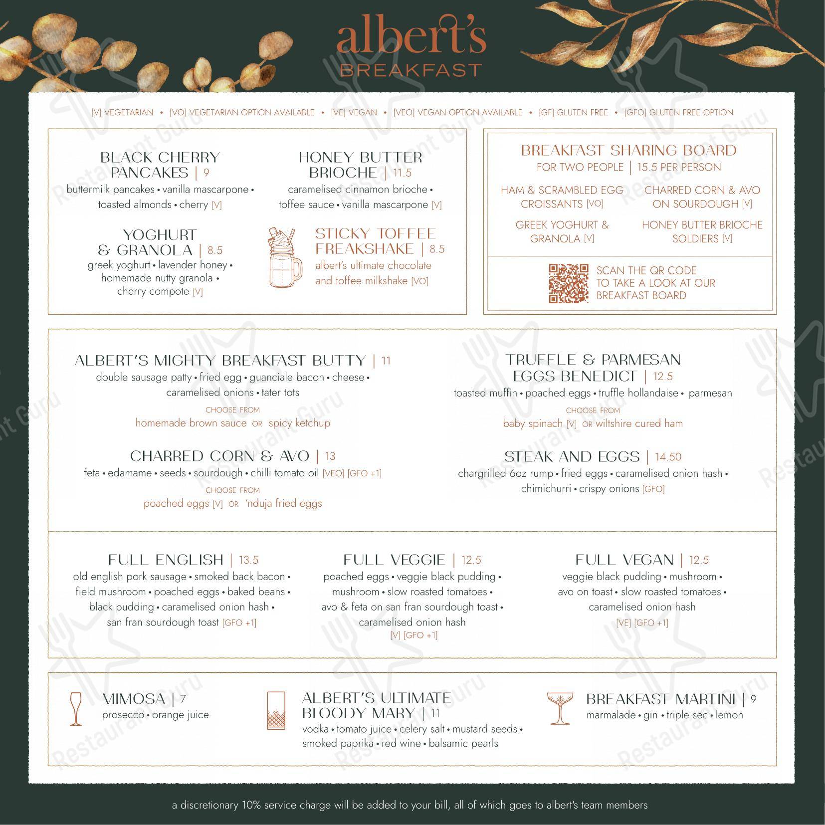 Menu at Albert's Standish restaurant, Wigan