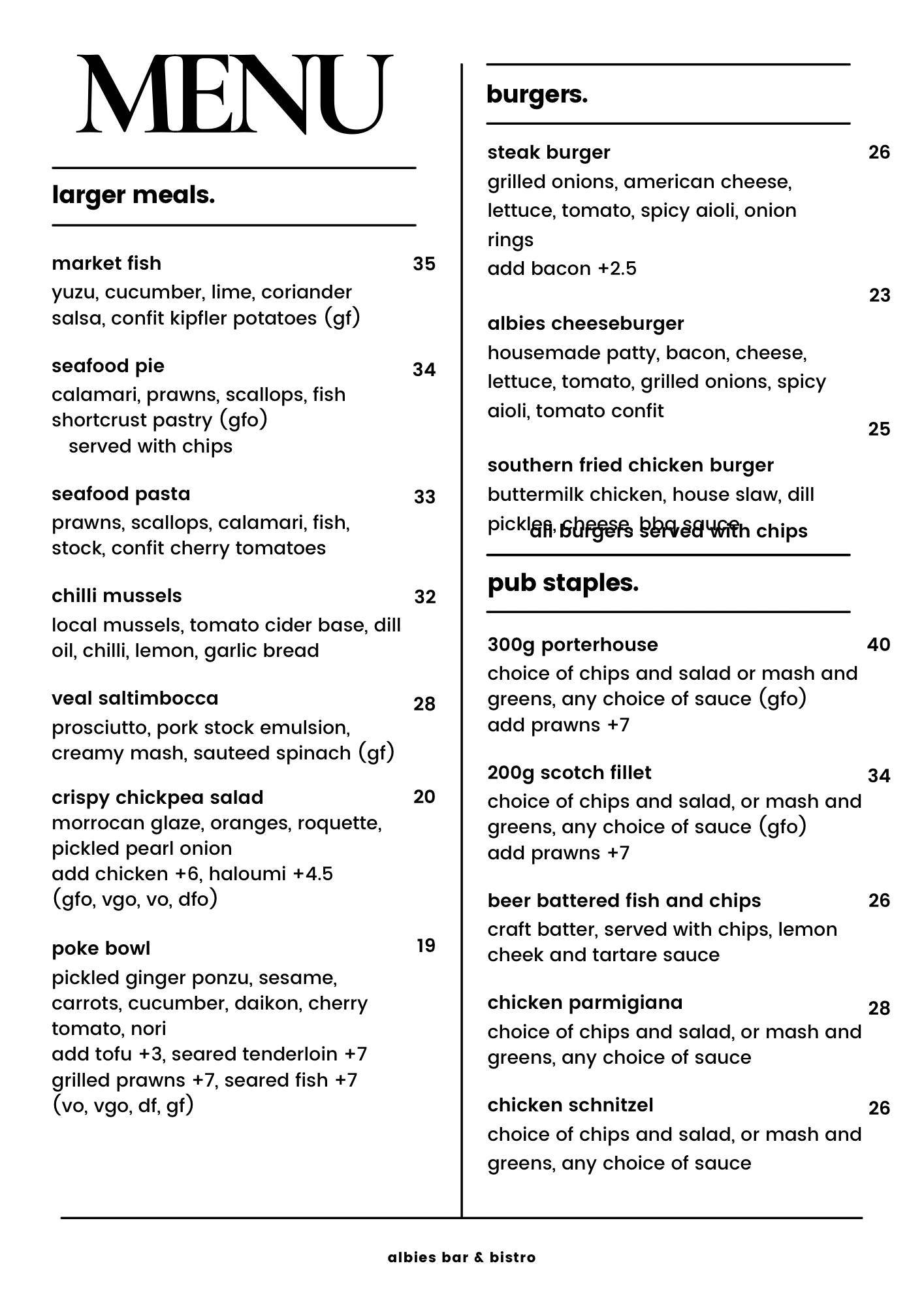 Menu at Albies Bar and Bistro, Busselton