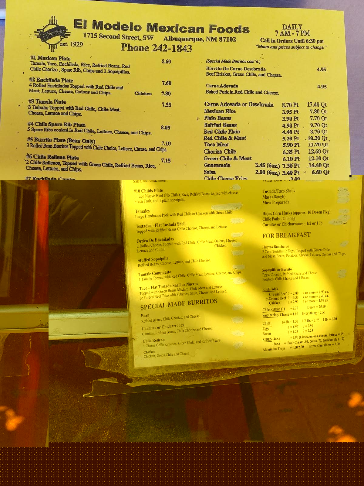 Menu at El Modelo Mexican Foods restaurant, Albuquerque