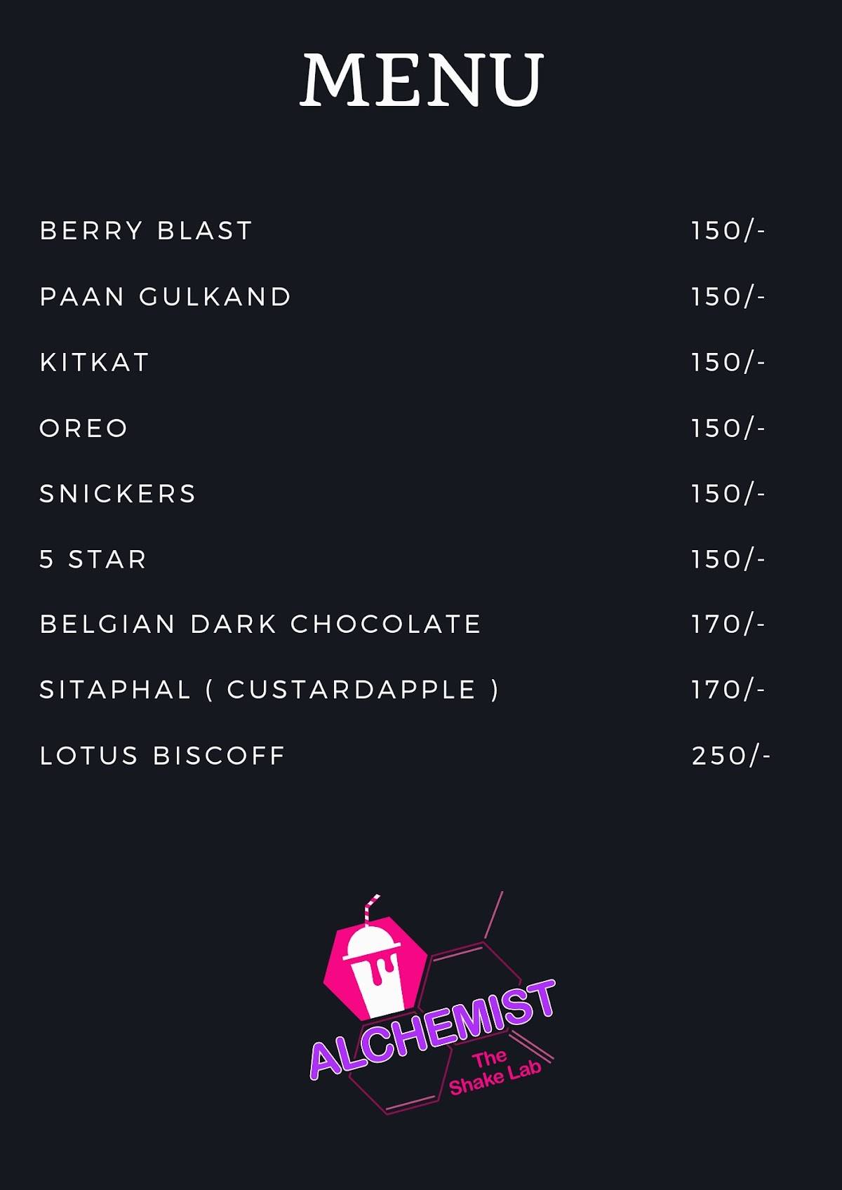 Menu at Alchemist The Shake Lab, Mumbai