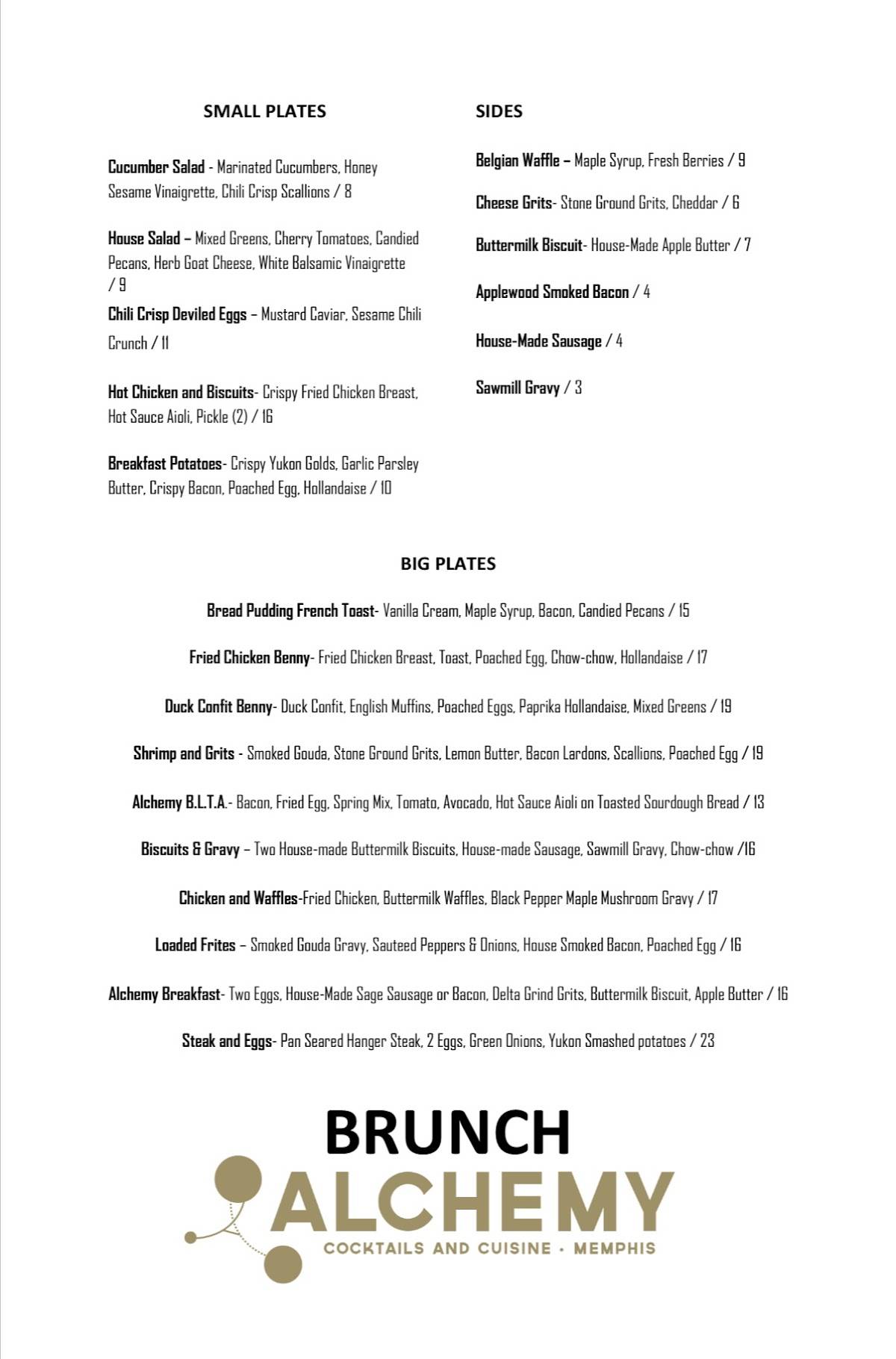 Menu at Alchemy Memphis pub & bar, Memphis