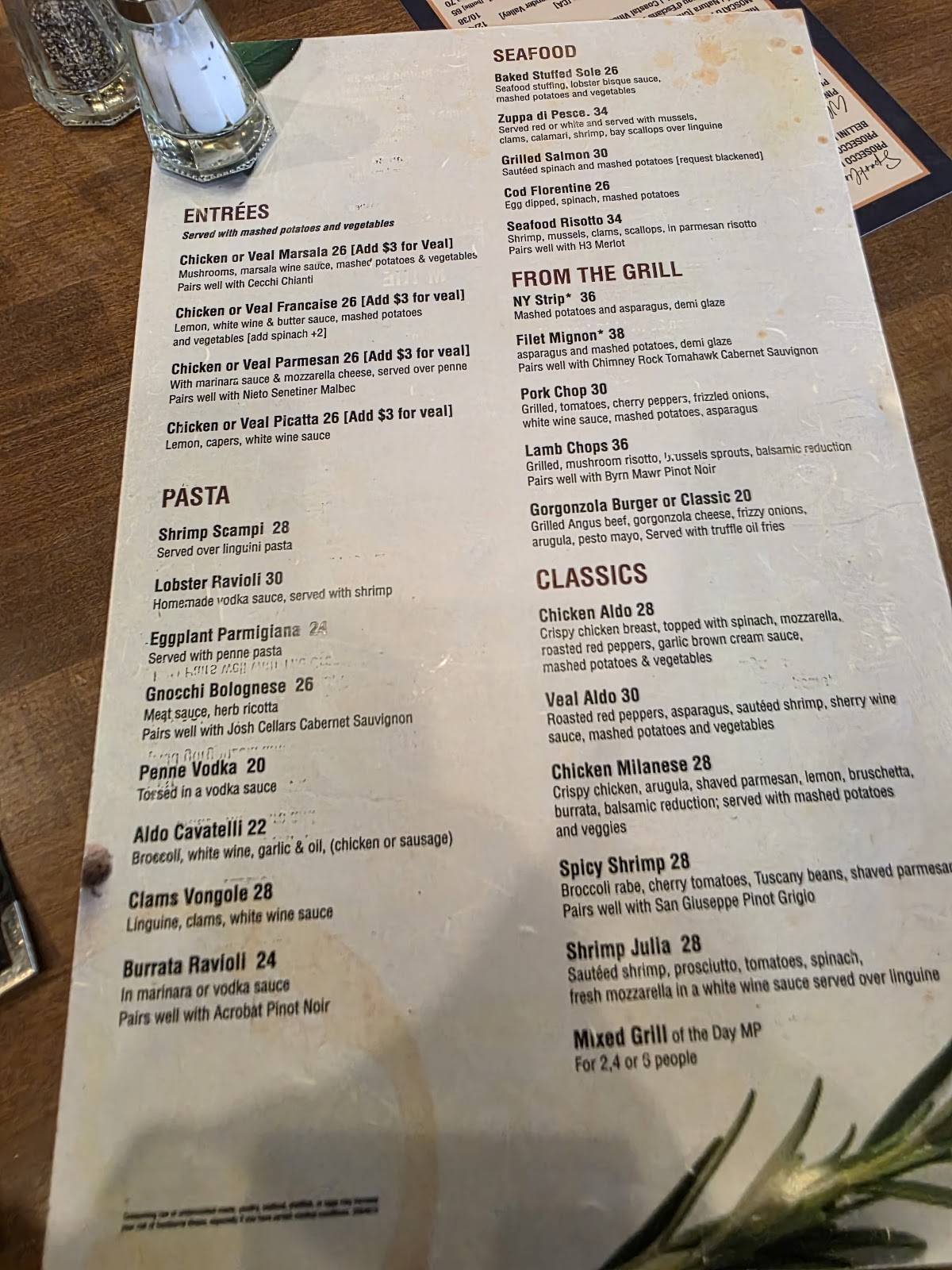 Menu at Aldo's Ristorante pub & bar, Middlebury
