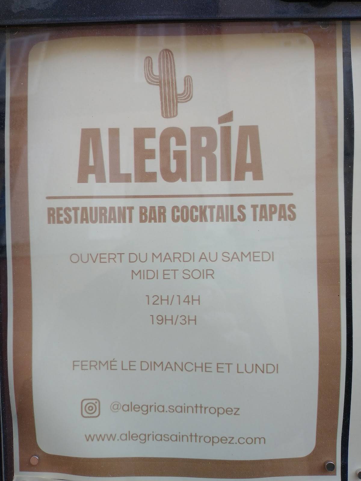 Carta del pub y bar Alegría Saint-Tropez, Saint-Tropez