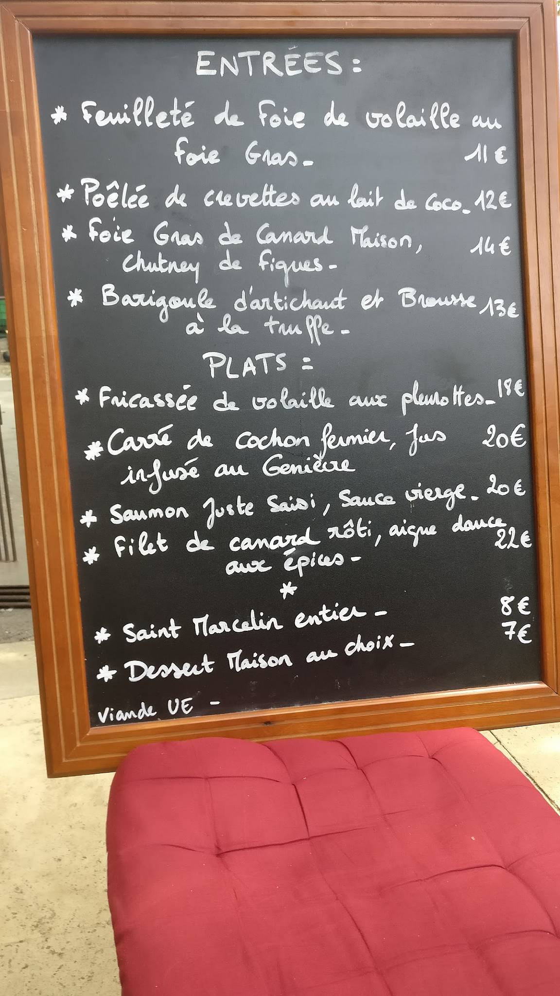 Menu au Alex Resto restaurant, Cucuron