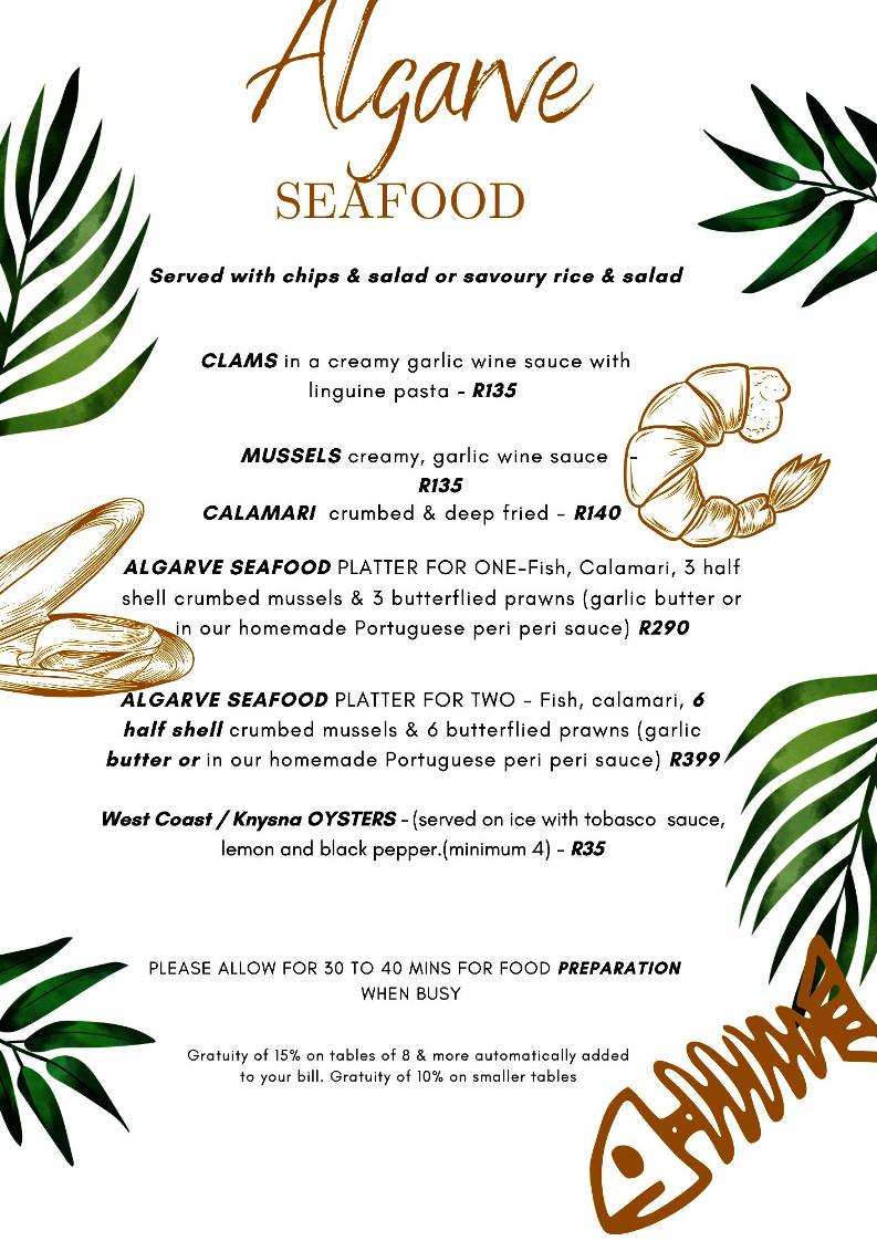 Menu at Algarve Restaurant & Bar, Cape Town