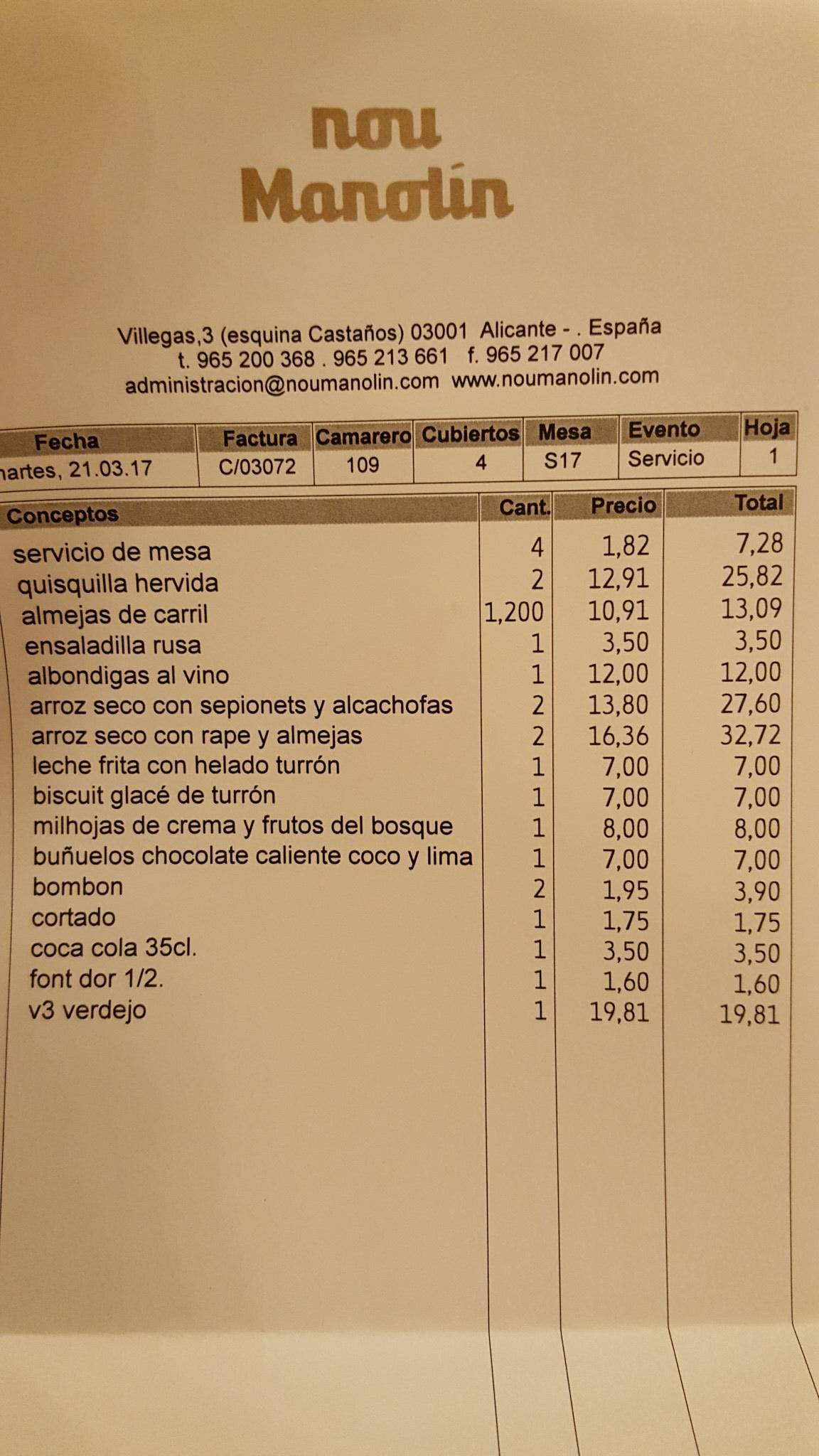Carta del restaurante Nou Manolín, Alicante, Calle Villegas