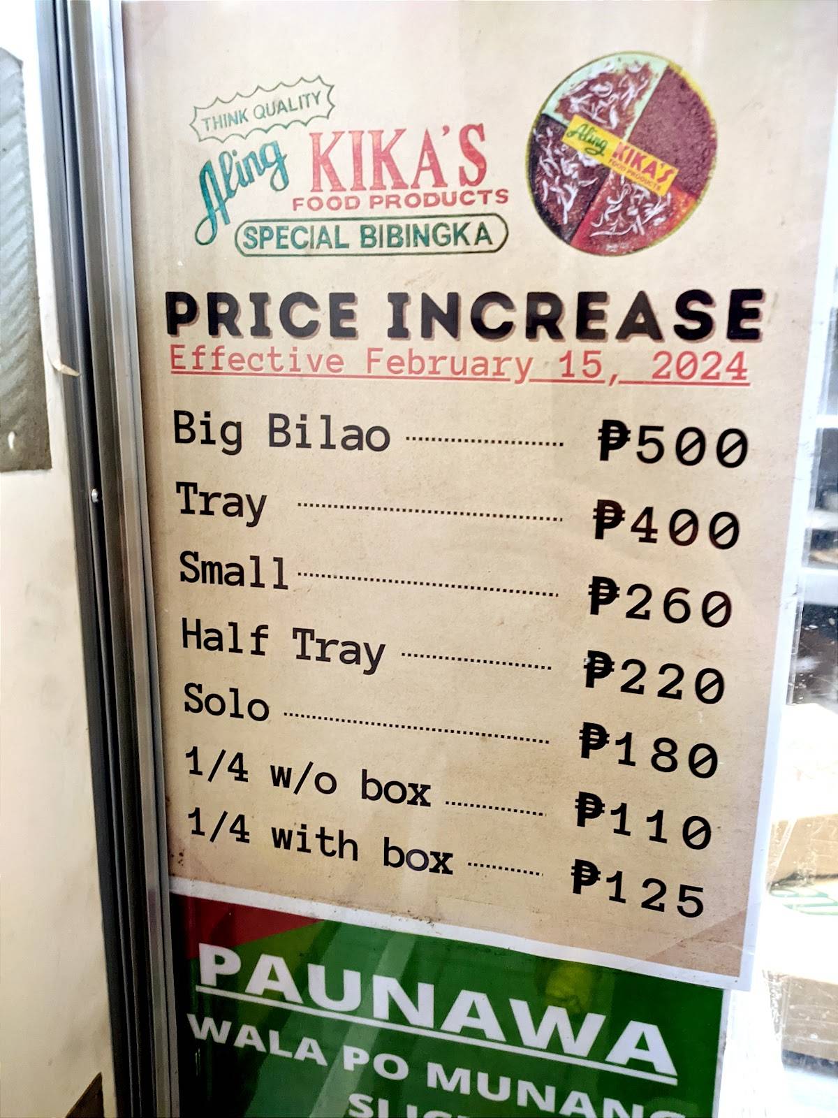 Menu at Aling Kika's Food Products restaurant, Cainta