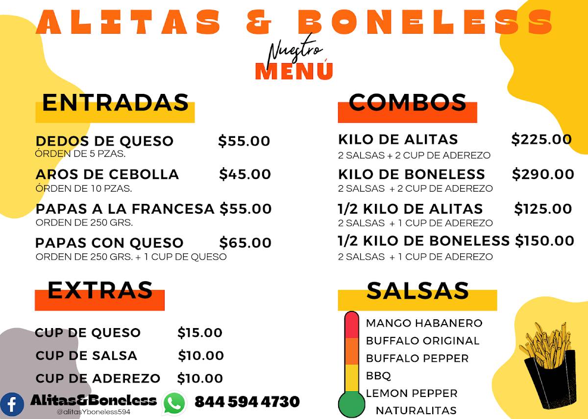 Menu at Alitas&Boneless restaurant, Saltillo